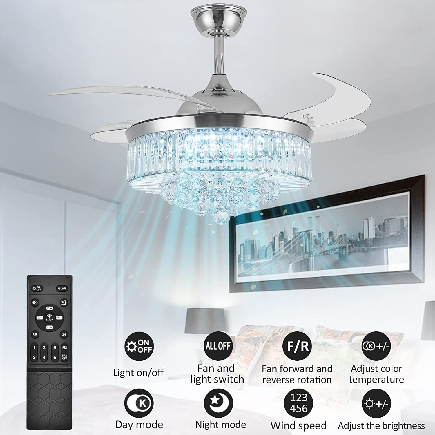 QAQ 42in Chandelier Ceiling Fan with Lights,Retractable Crystal Ceiling Fan with Remote Control ...