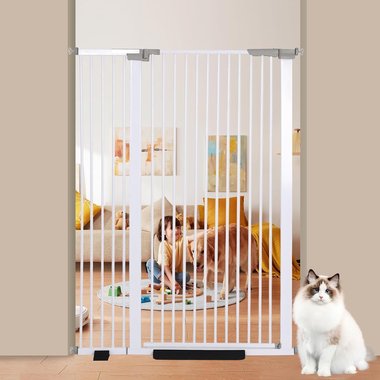 QAQ 59.1'' Extra Tall Cat Gate,30.3''-40.9'' Wide Auto Close Pet Gate,Include 8.27'' Extension ...