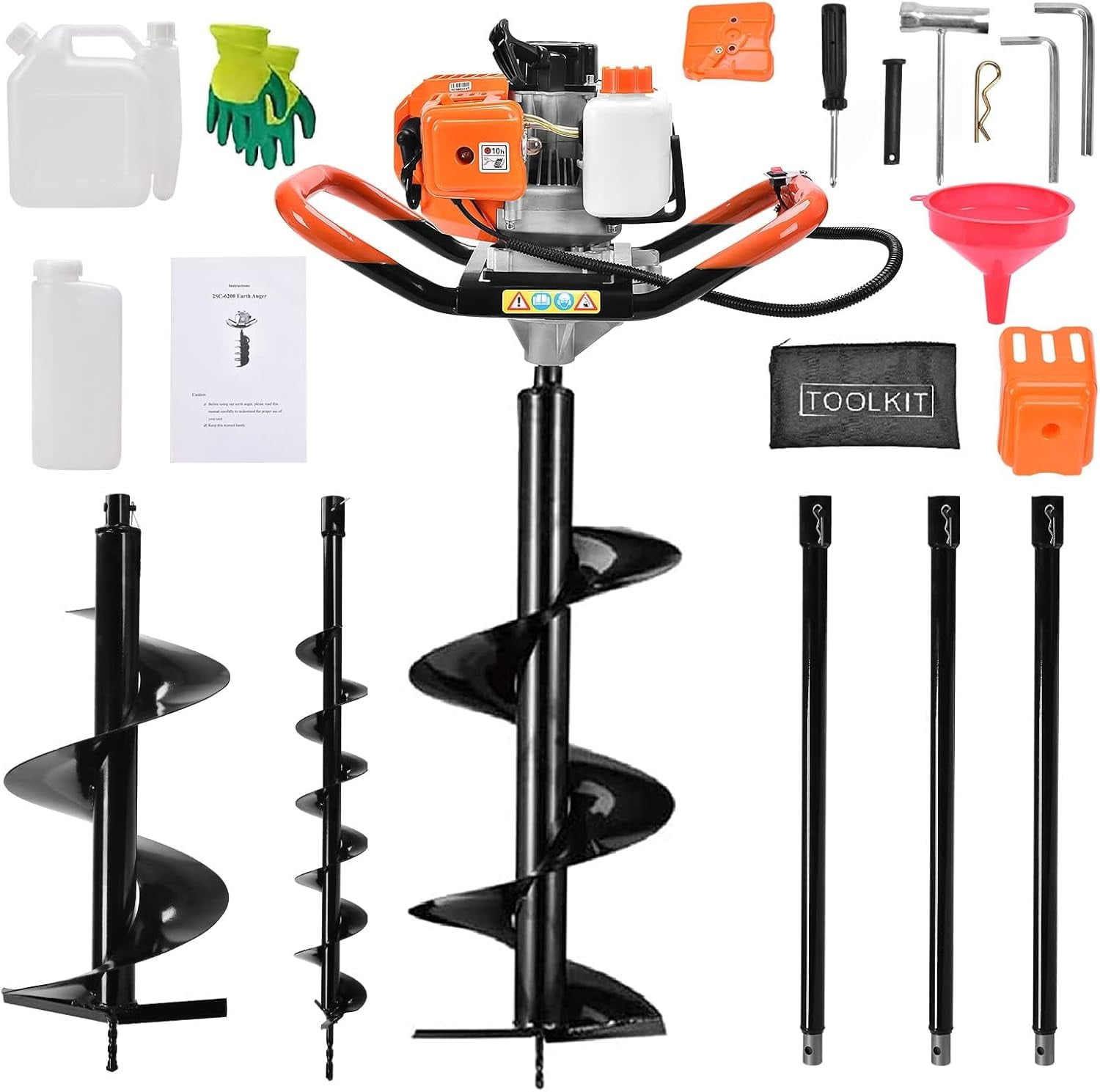 QAQ 62CC Gas-Powered Post Hole Digger with 3 Drill Bits (5in, 8in, 12in) & Extension Rods, 1300W ...