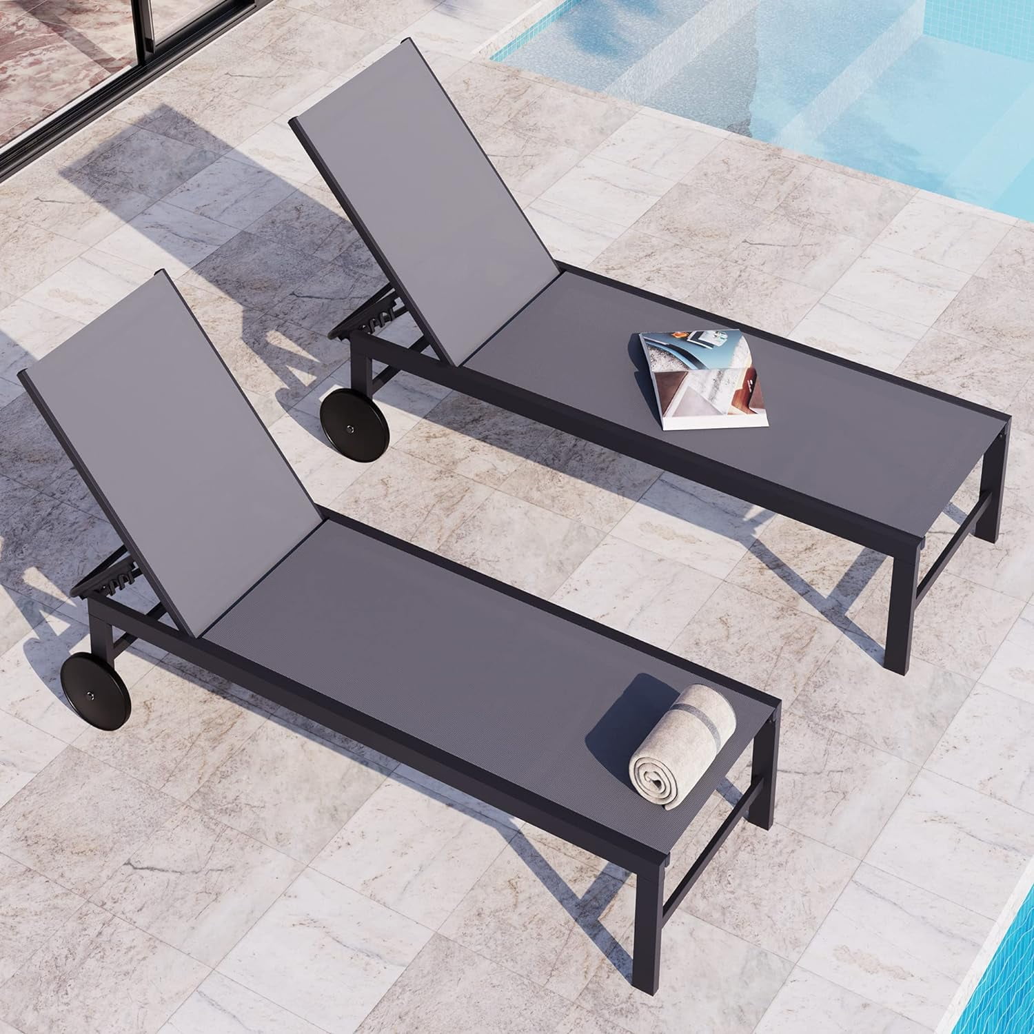 QAQA 2 PCS Outdoor Chaise Lounge Chairs with Wheels, Aluminum Patio ...