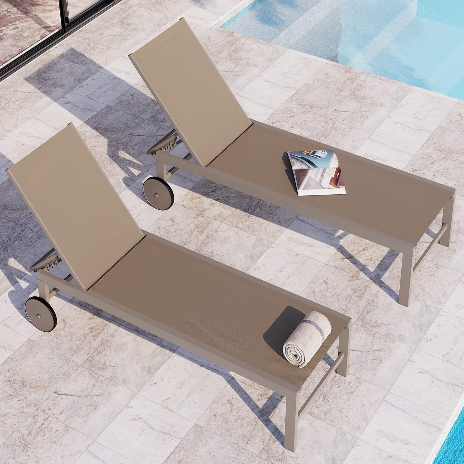 QAQA 2 PCS Outdoor Chaise Lounge with Wheels, Aluminum Patio Lounge Chair with 5 Adjustable ...