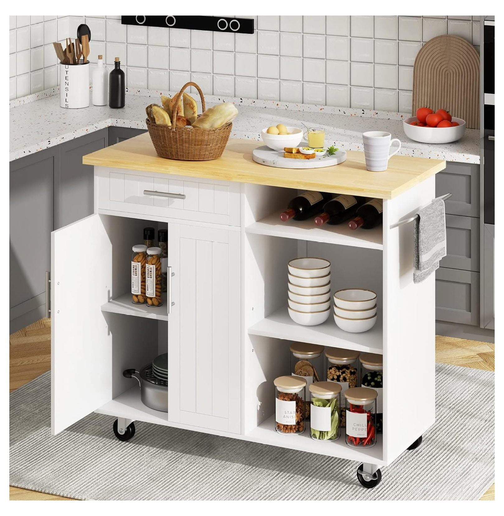 QAQA Kitchen Island Cart on Wheels, Kitchen Cart with Drawer and Large ...