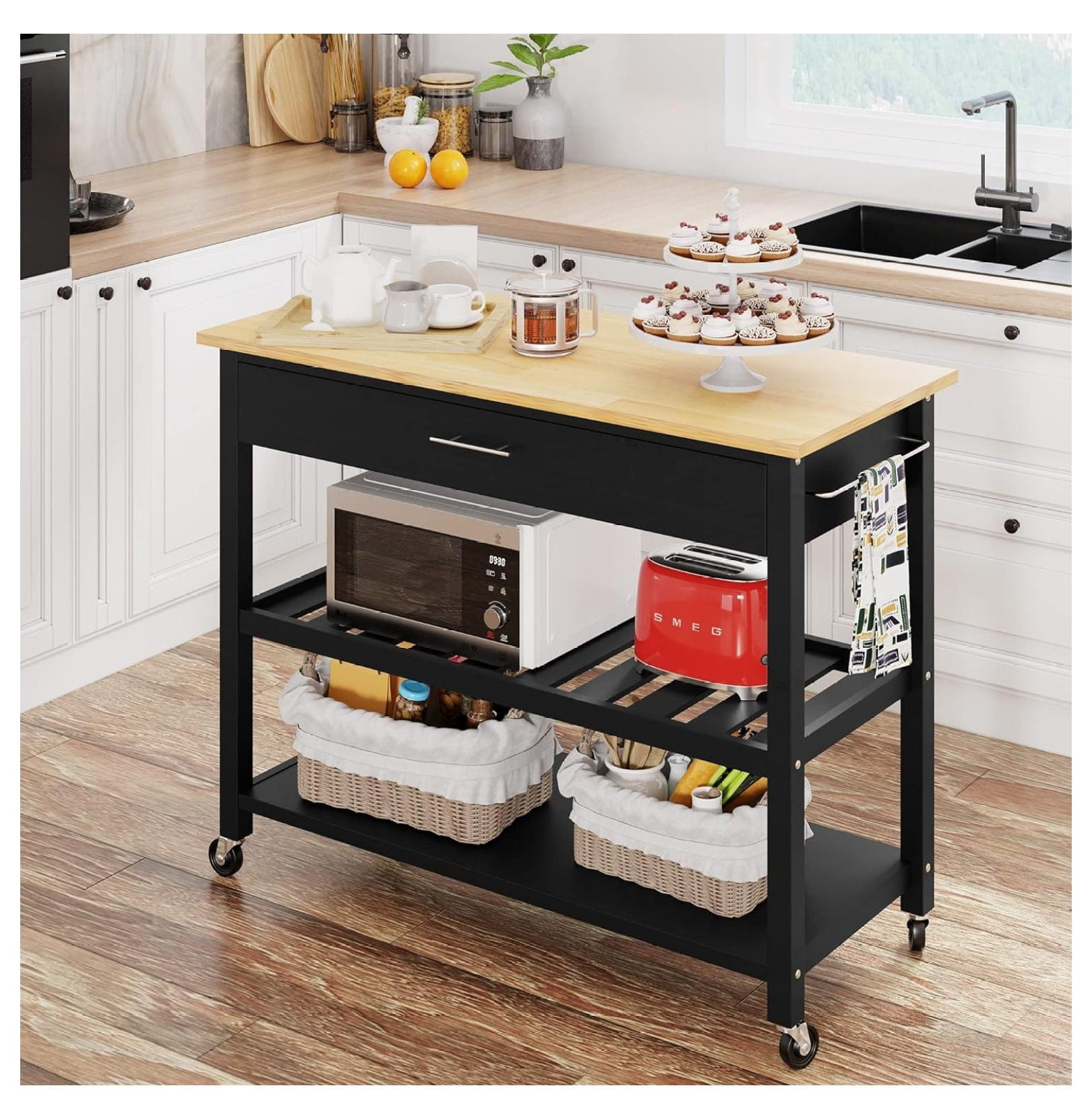 QAQA Kitchen Island on Wheels with Storage, 3 Tier Rolling Kitchen Cart ...
