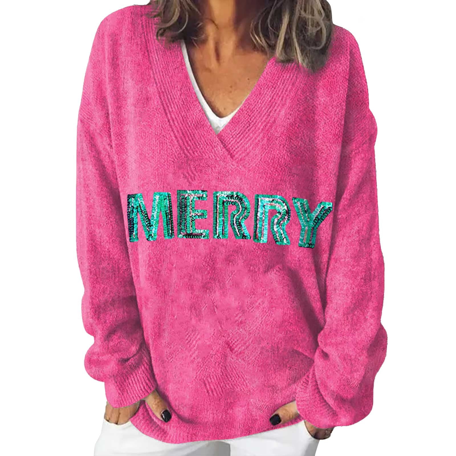 QASIEATN Sweaters for Graceful Women Fashion, MARRY CHRISTMAS Print ...