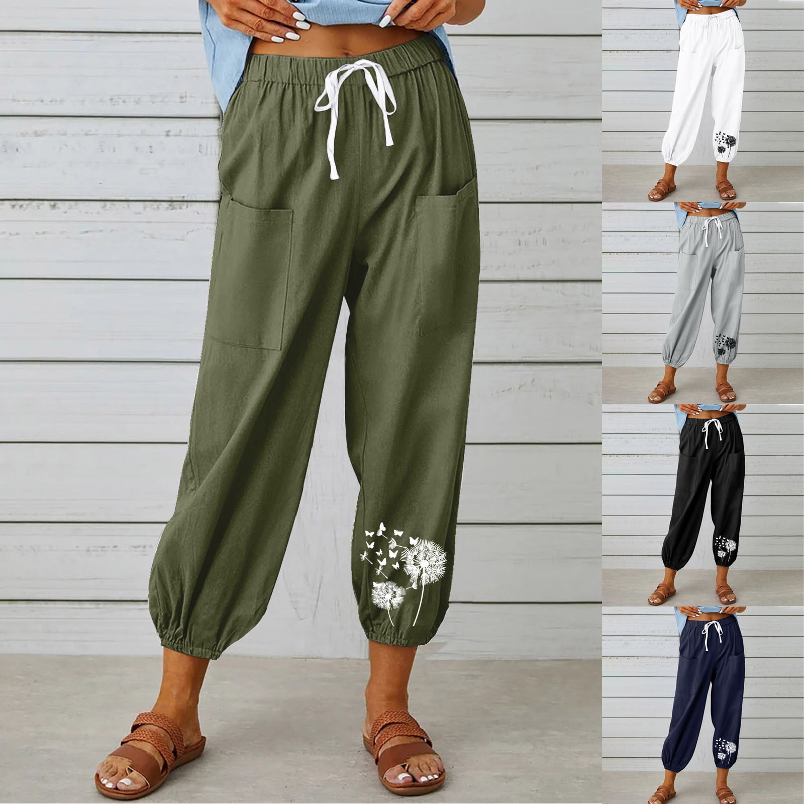 QATAINLAV 2025 Summer Beach Pants for Women Cotton Linen Capris ...