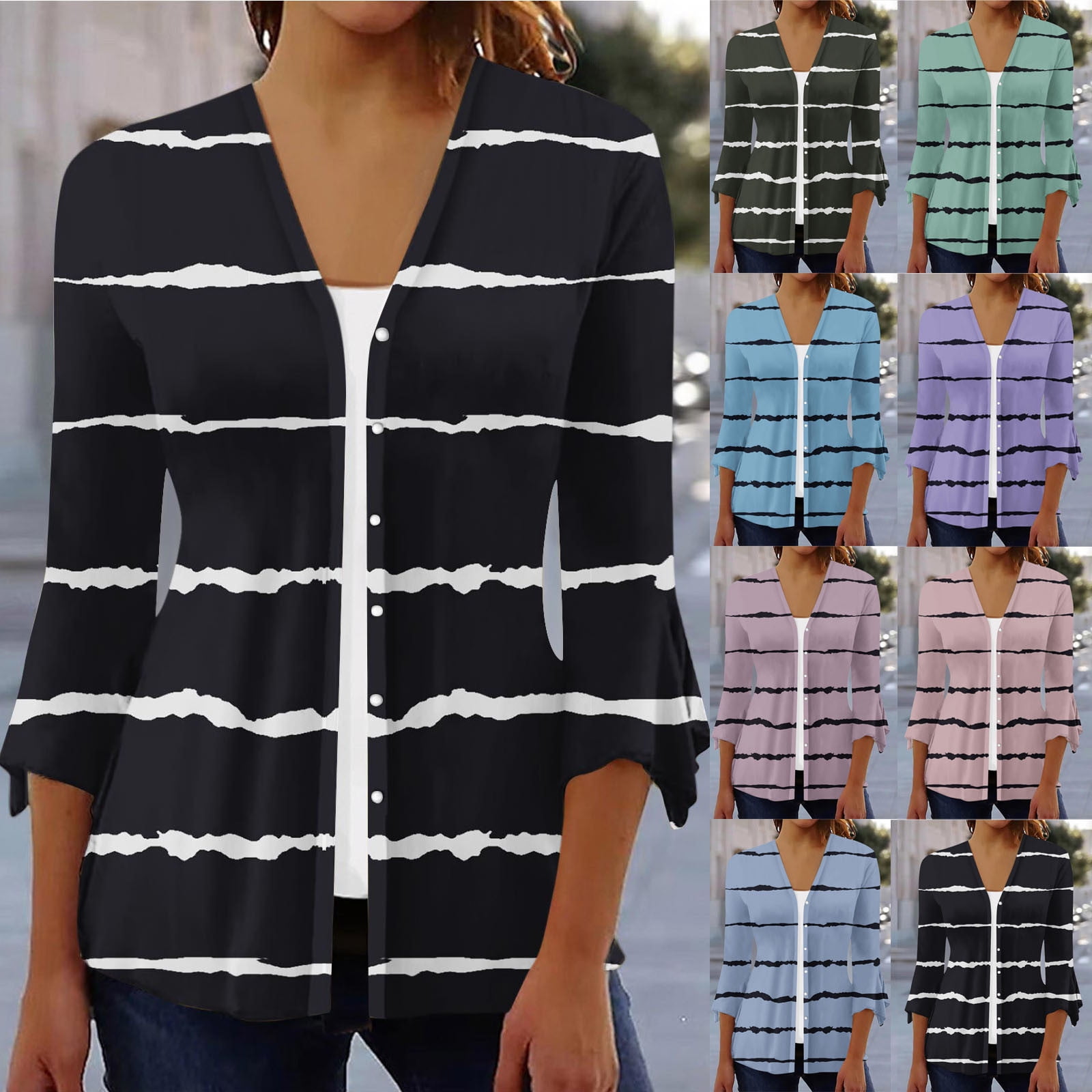 QATAINLAV 3/4 Length Sleeve Womens Tops, Fashion Stripe Kimono ...