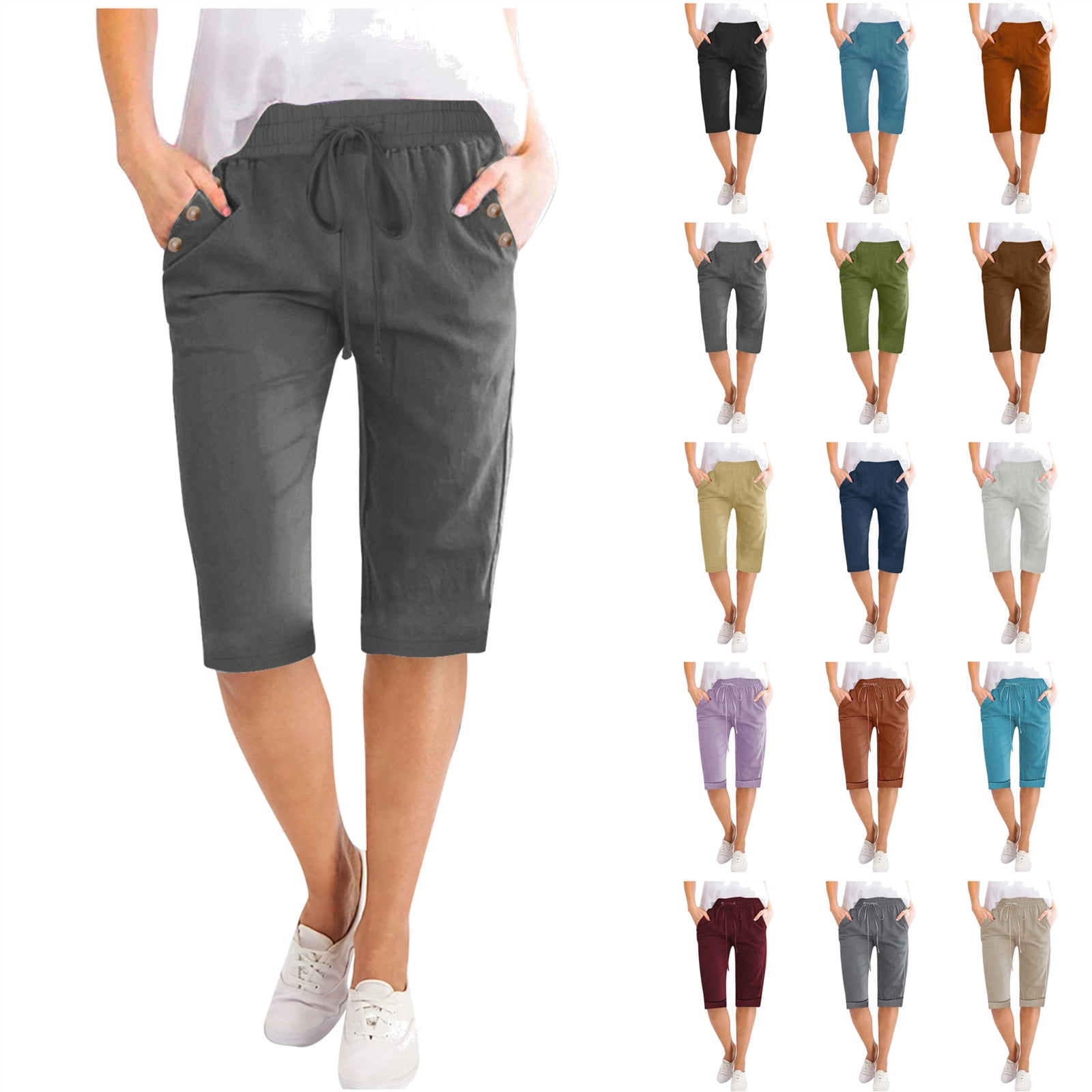 QATAINLAV Bermuda Shorts for Women Knee Length Cotton Linen Casual ...