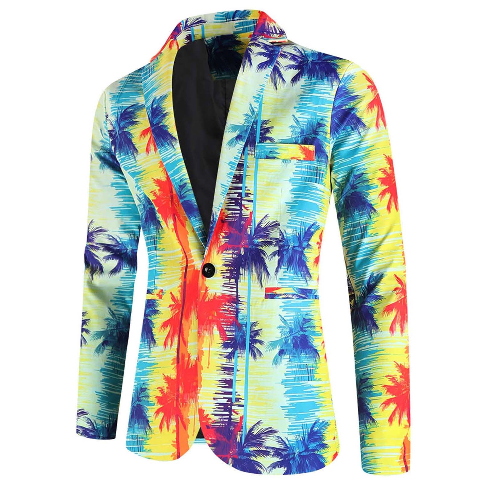 QATAINLAV Blazer for Men Slim Fit 1 Button Notched Lapel Suit Coat Palm Trees Print Long Sleeve ...