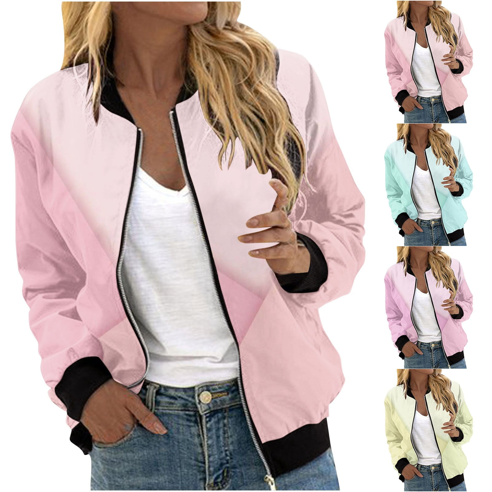QATAINLAV Bomber Jacket for Women Lightweight Zip Up Jackets Gradient Print Casual Varsity ...
