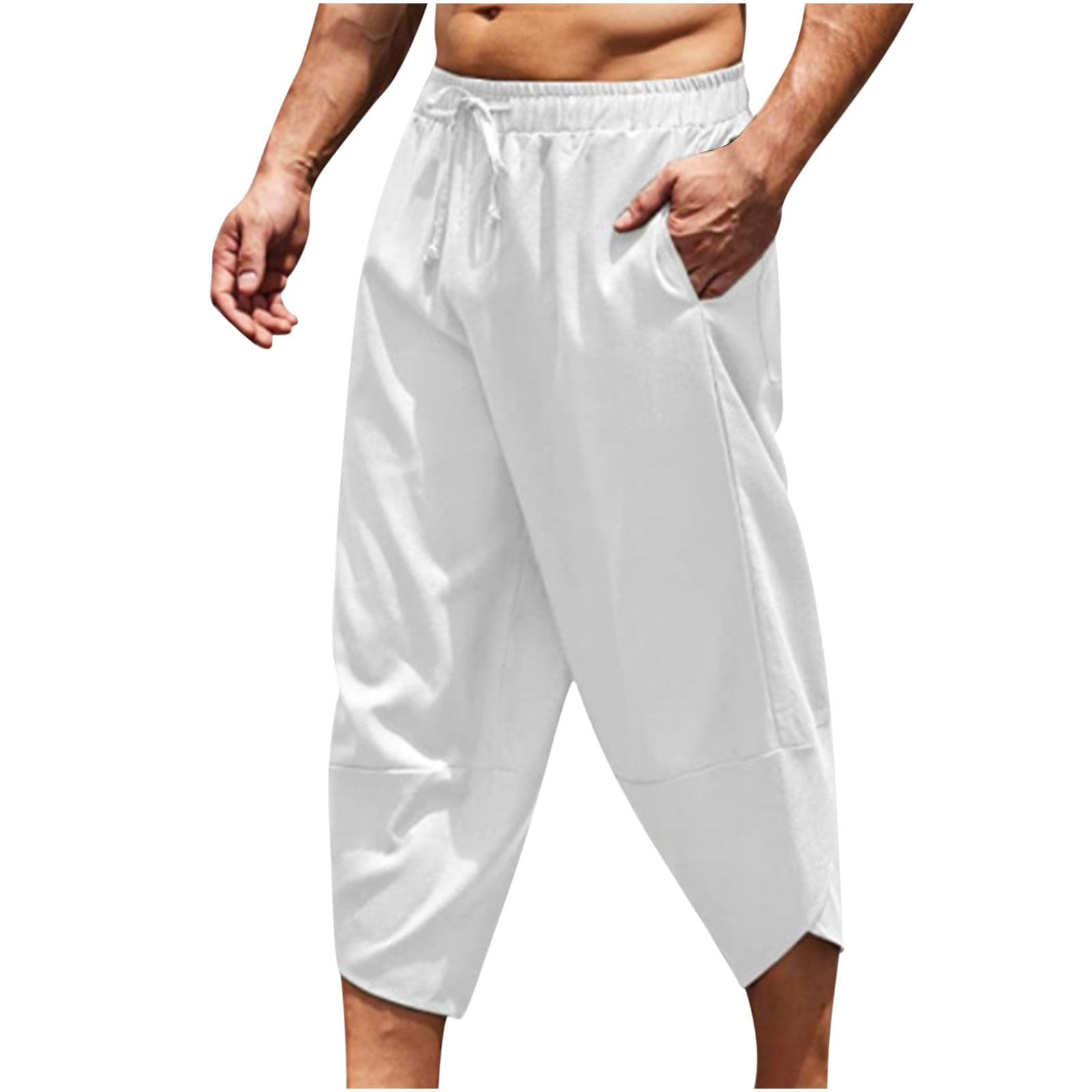 QATAINLAV Capri Pants for Men Linen Comfy 3/4 Length Beach Pants Summer ...