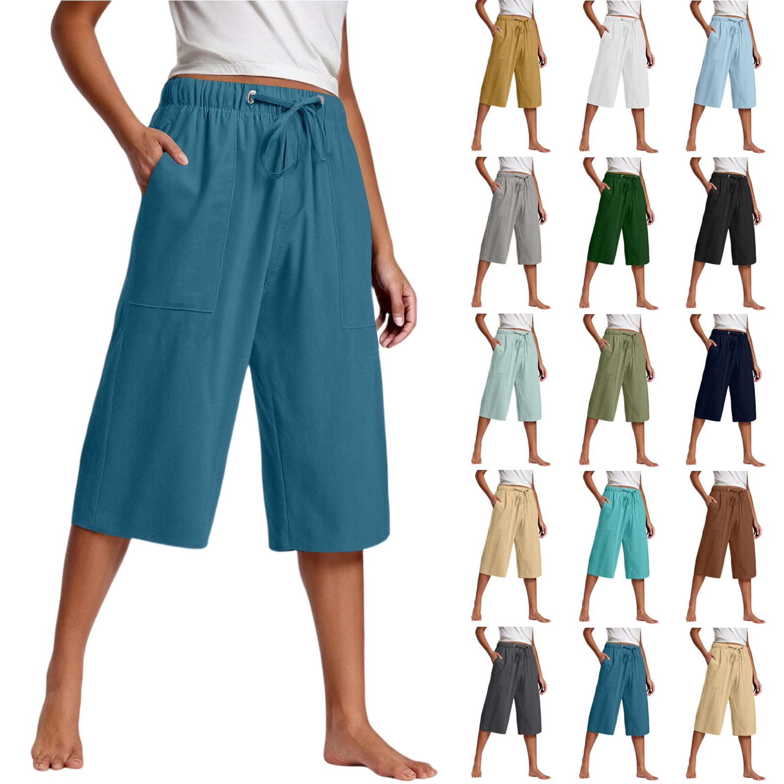 QATAINLAV Capri Pants for Women Cotton Linen Wide Leg Drawstring Casual ...