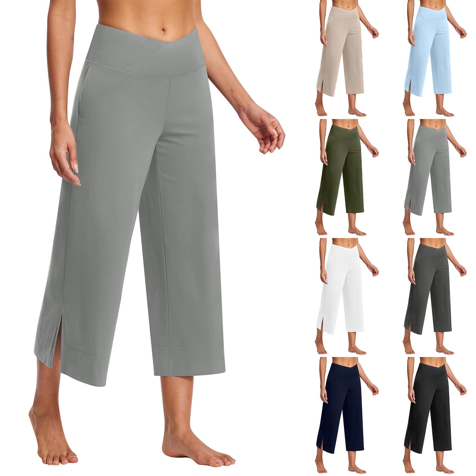 QATAINLAV Capri Pants for Women Crossover Waist Wide Leg Yoga Pants Casual Side Split Flowy ...