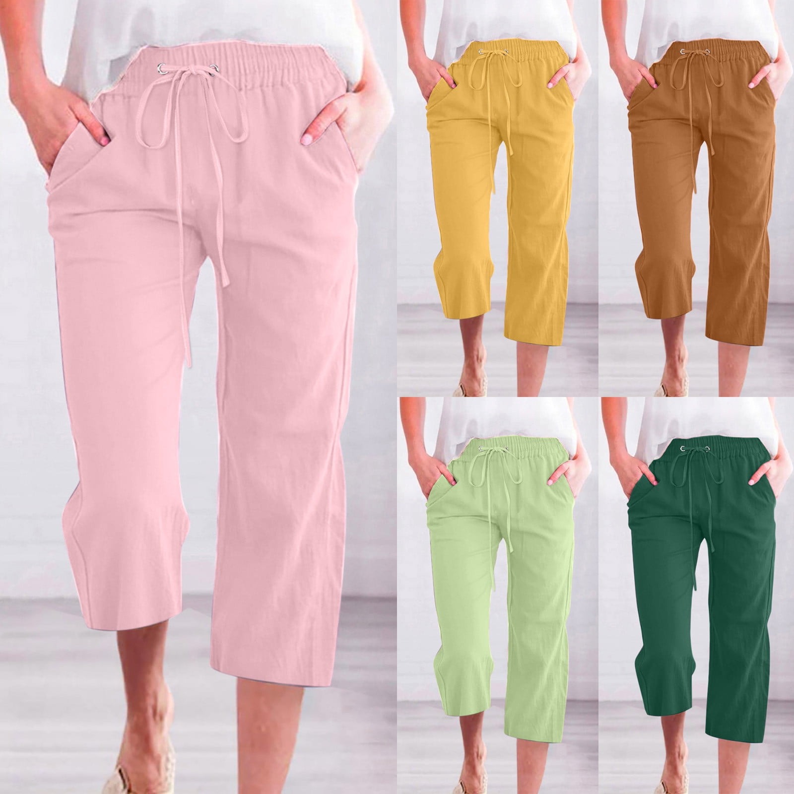 Qatainlav Capri Pants For Women Summer Linen Loose Fit Cropped Trousers