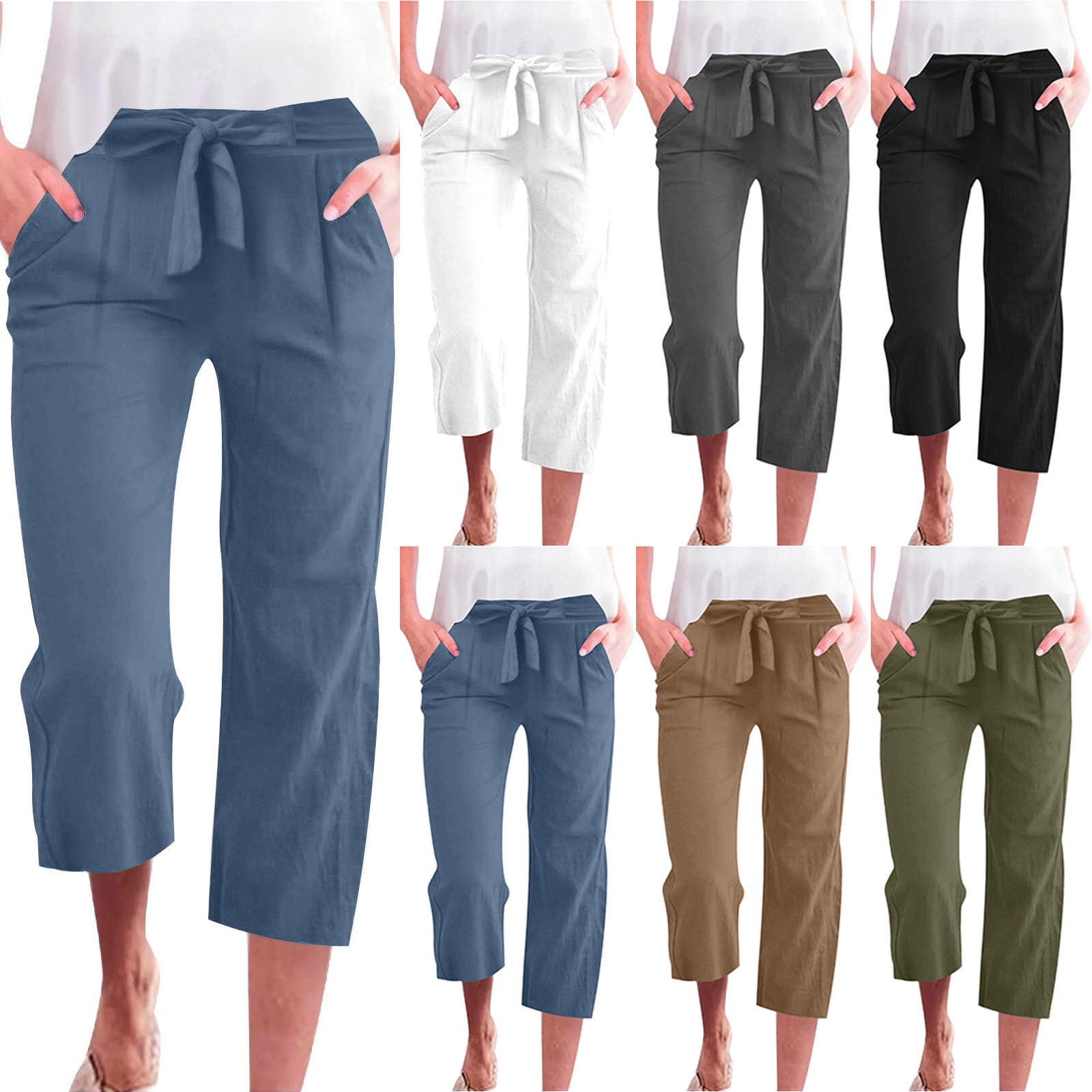 QATAINLAV Capris Pants for Women Casual Summer Wide Leg Linen Pants Tie ...