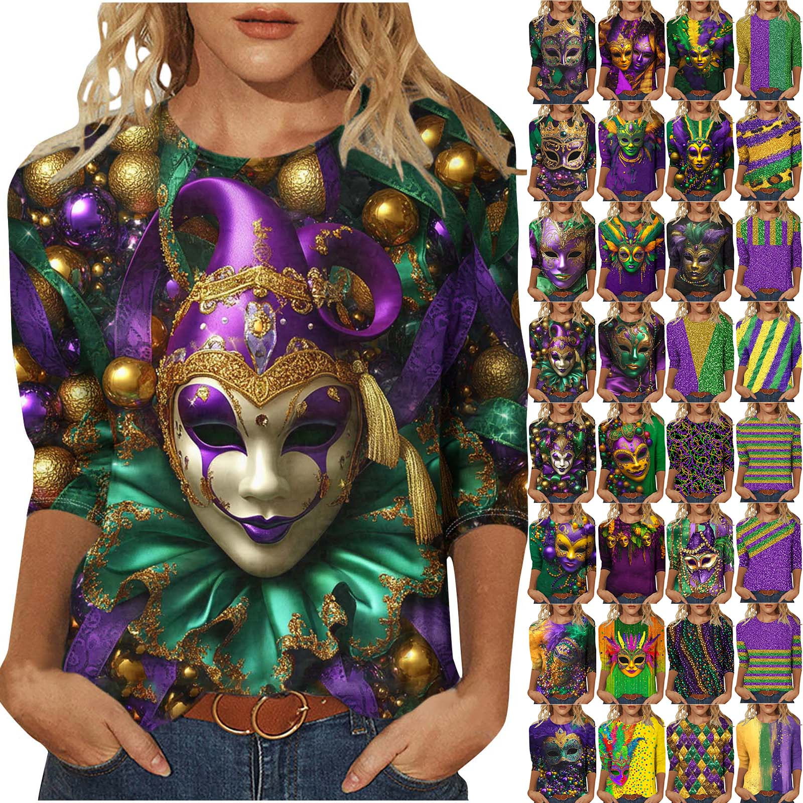 QATAINLAV Mardi Gras Shirts for Women 3/4 Sleeve Mask Graphic Blouse ...