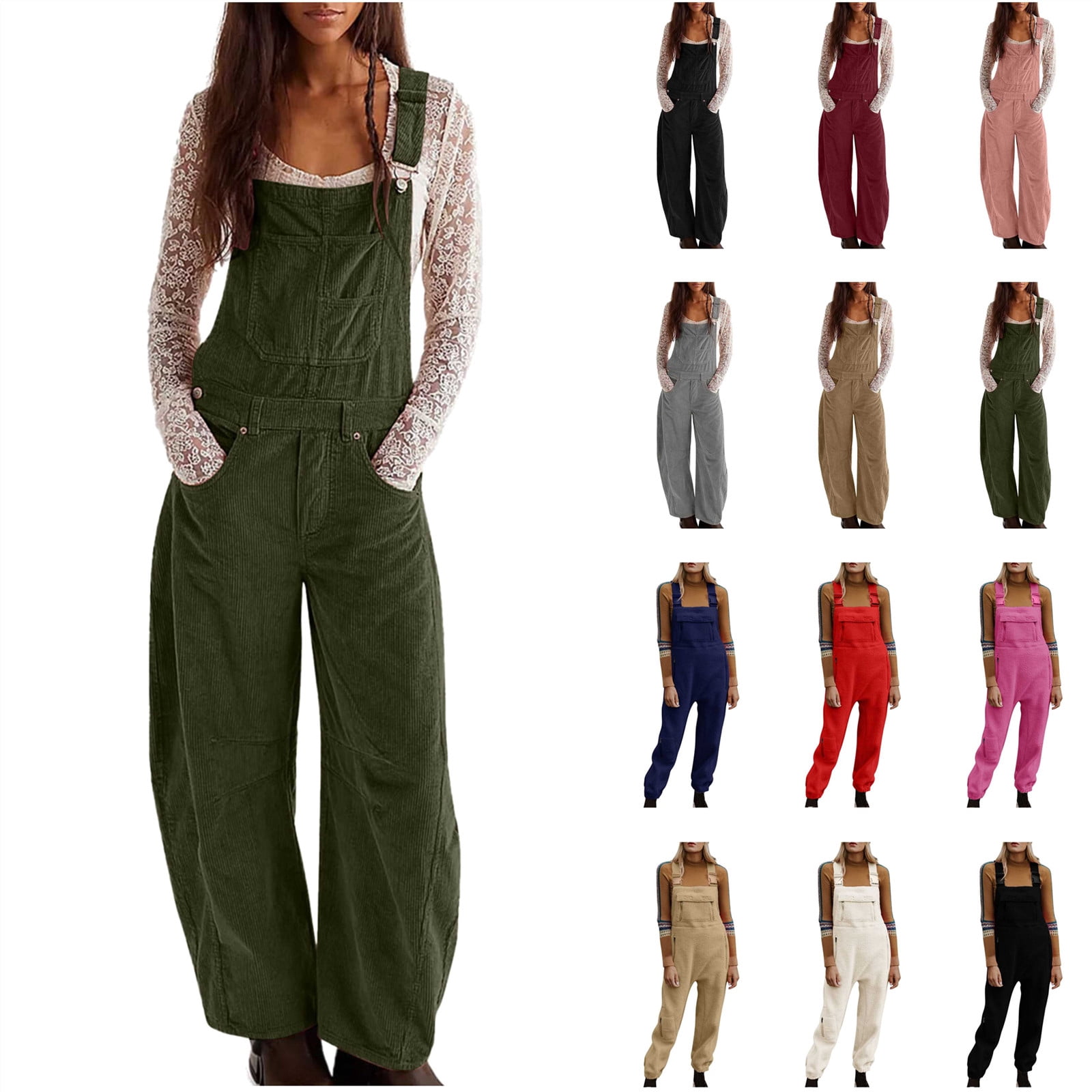 QATAINLAV Corduroy Jumpsuits for Women Loose Fit Wide Leg Bib Overalls ...