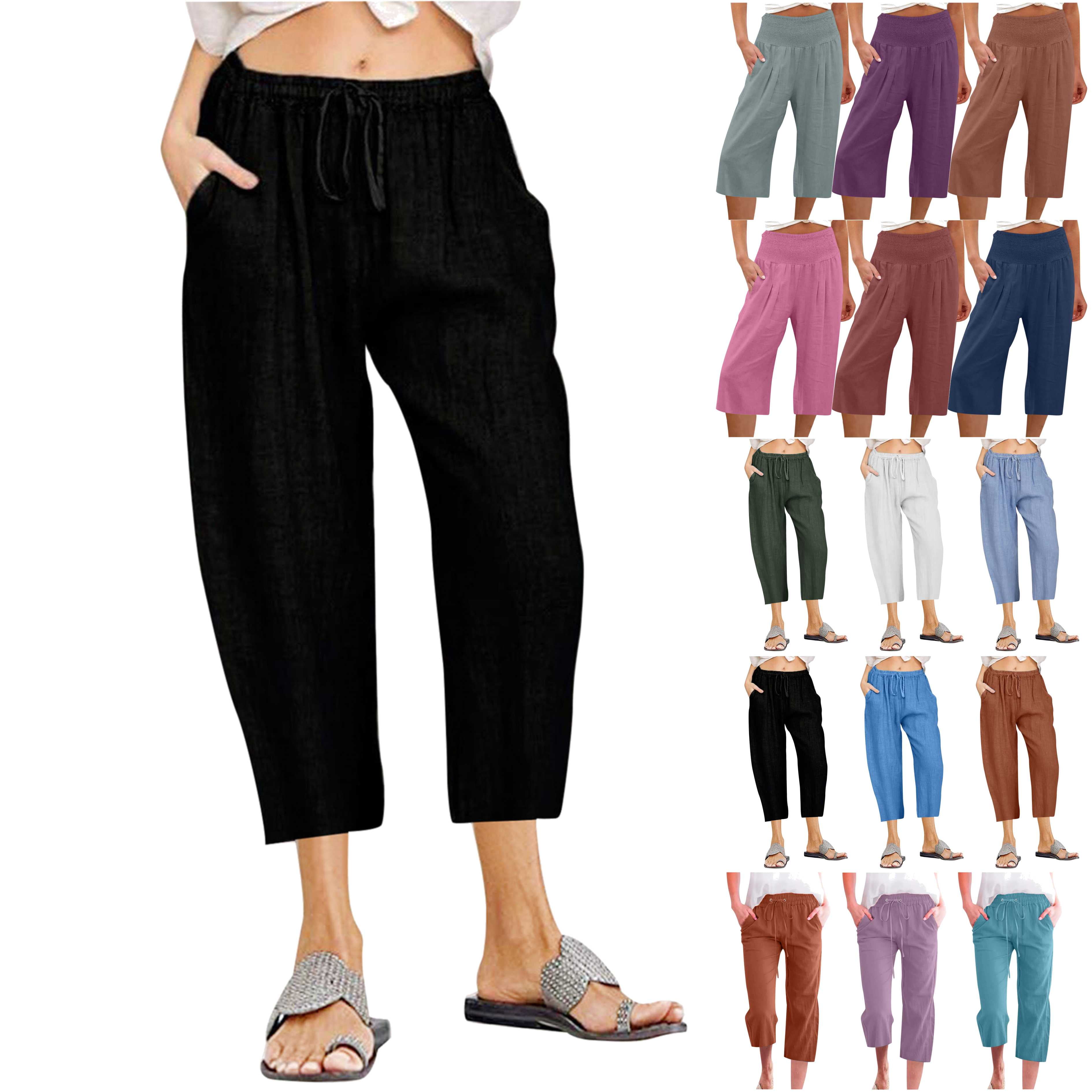 QATAINLAV Cotton Linen Capris Womens Casual Drawstring Beach Pants ...