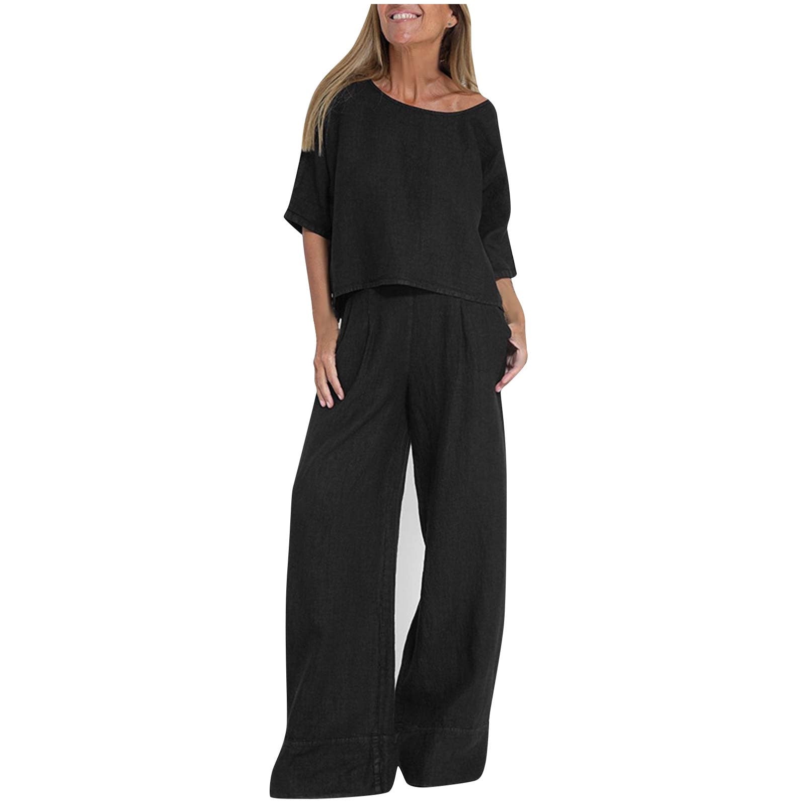 Qatainlav Cotton Linen Sets For Women Basic Solid Color 2 Piece