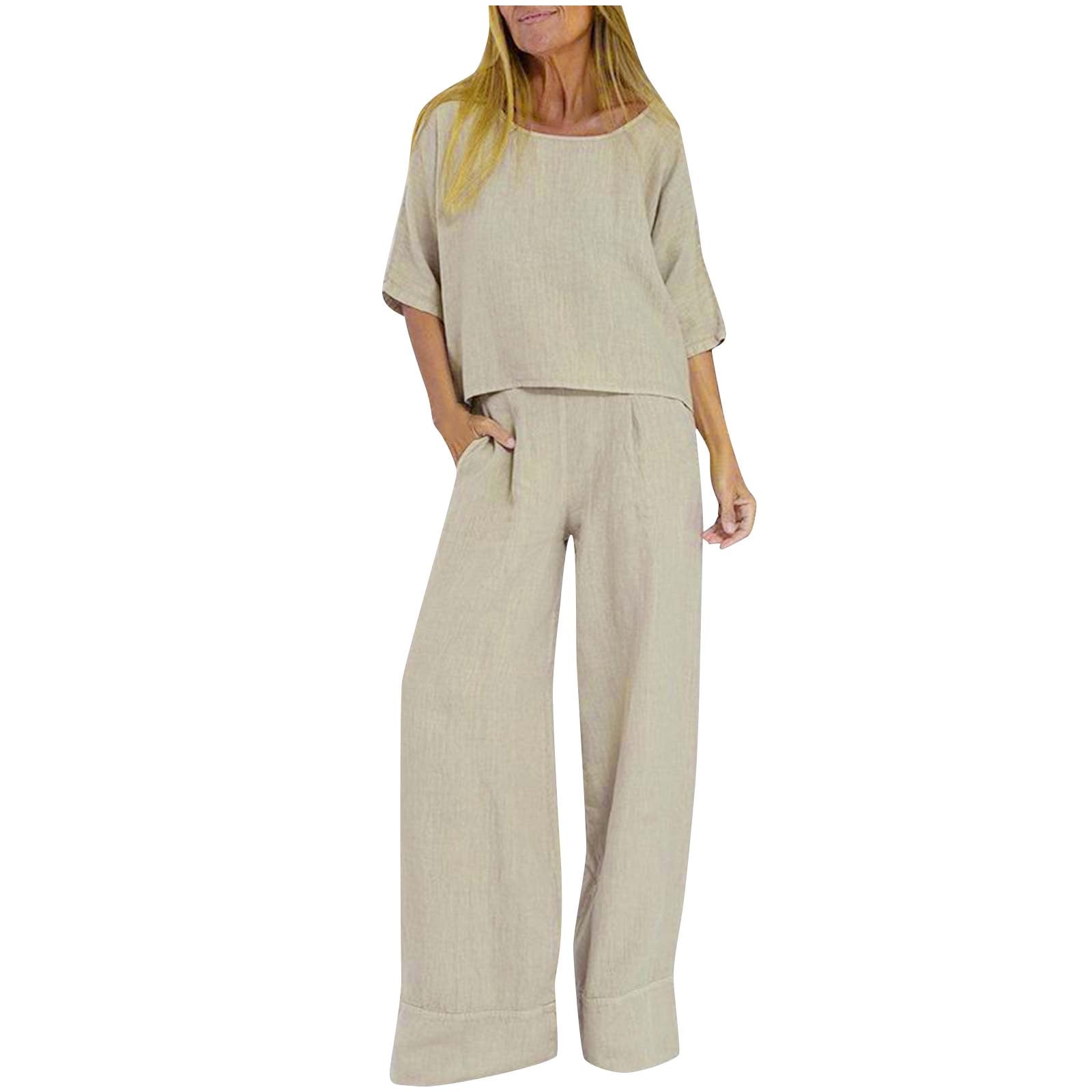 QATAINLAV Cotton Linen Sets for Women, Basic Solid Color 2 Piece ...