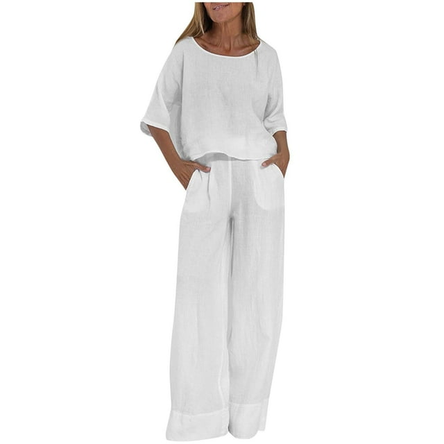 Qatainlav Cotton Linen Sets For Women Basic Solid Color 2 Piece