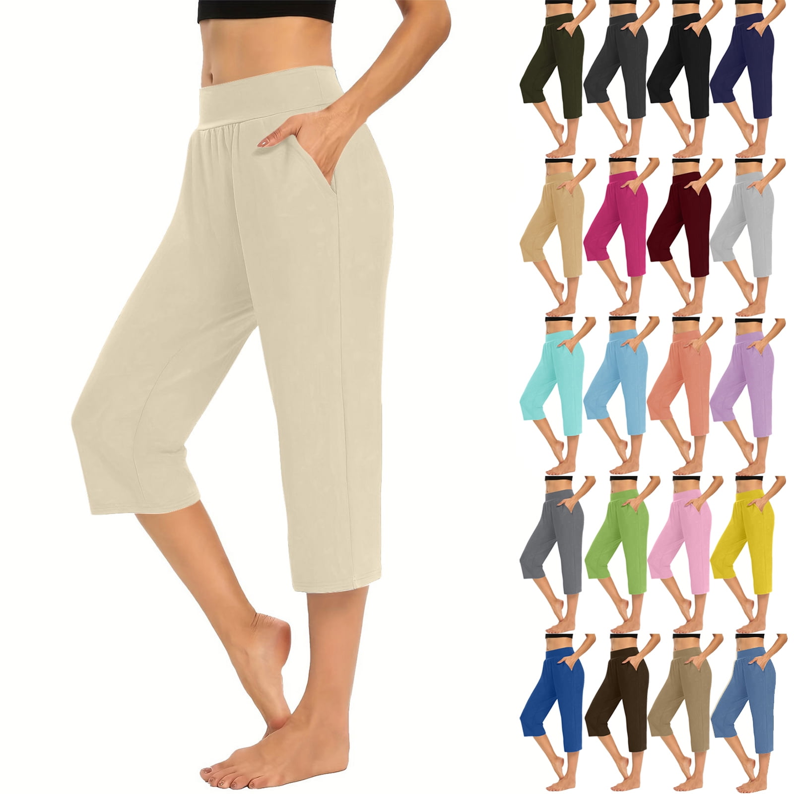 QATAINLAV Cropped Pants for Women with Pockets Solid Elastic Waist Yoga ...