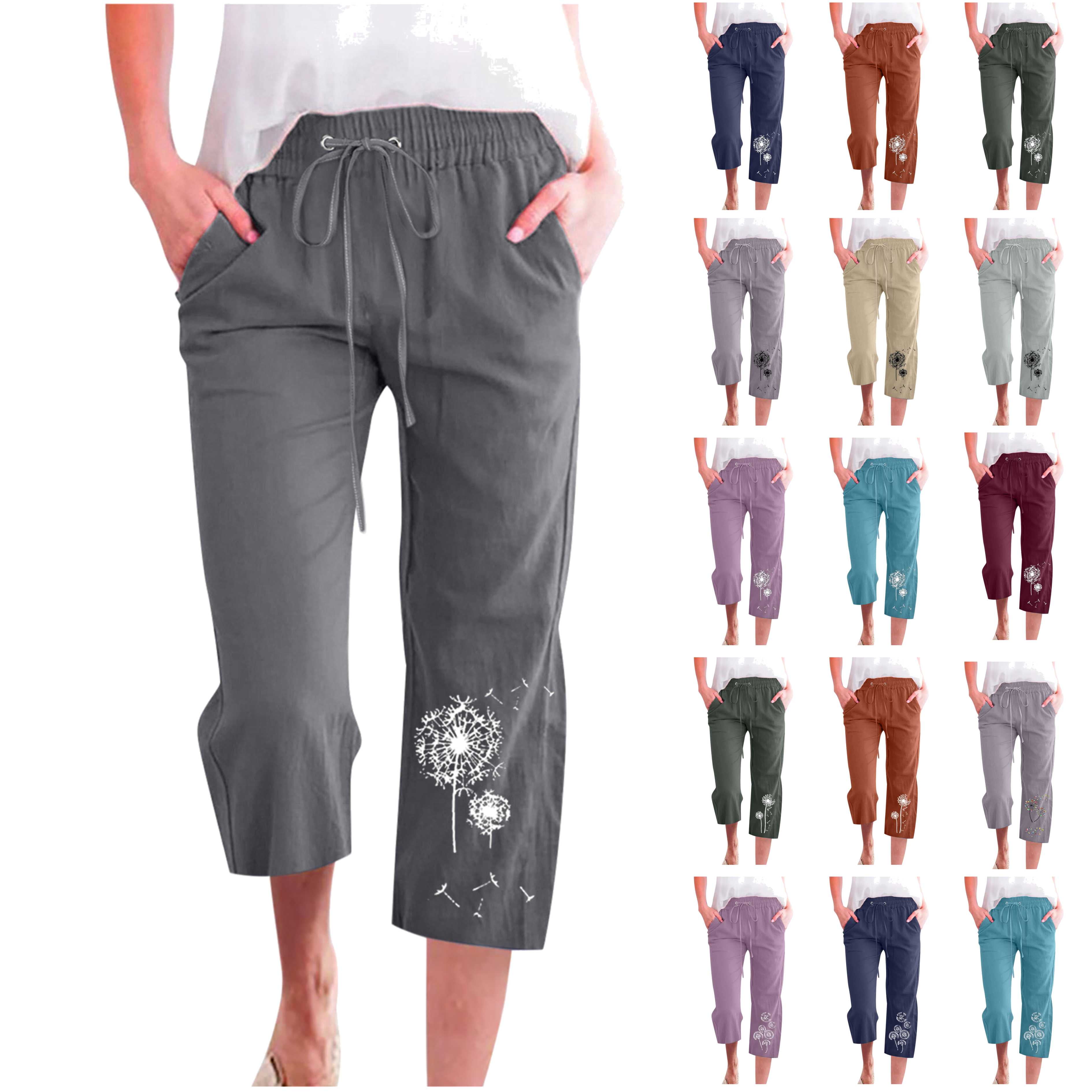 QATAINLAV Dandelion Print Capris for Women Summer Casual Linen Wide Leg ...