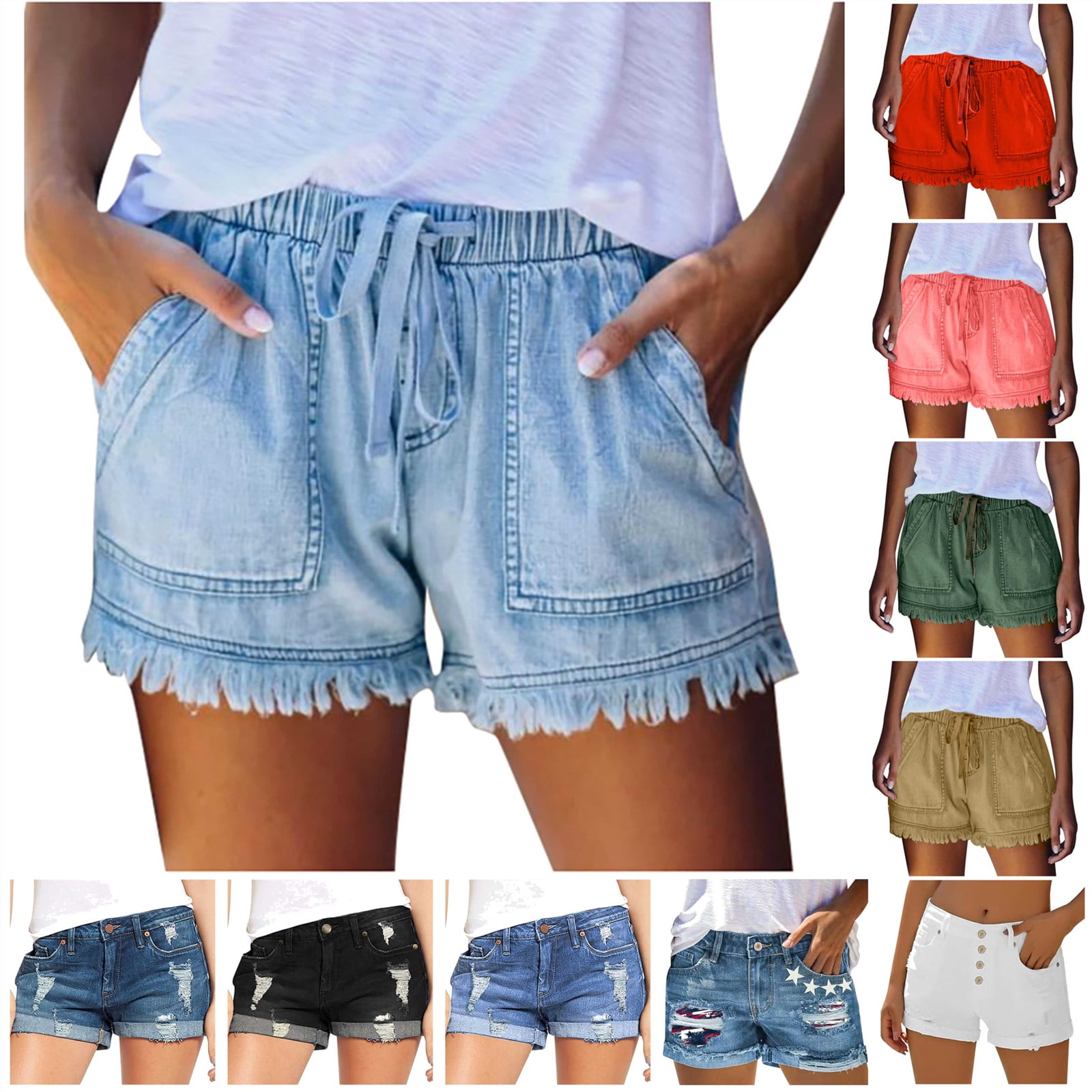 QATAINLAV Denim Shorts for Women with Pockets Distressed Frayed Tassel ...