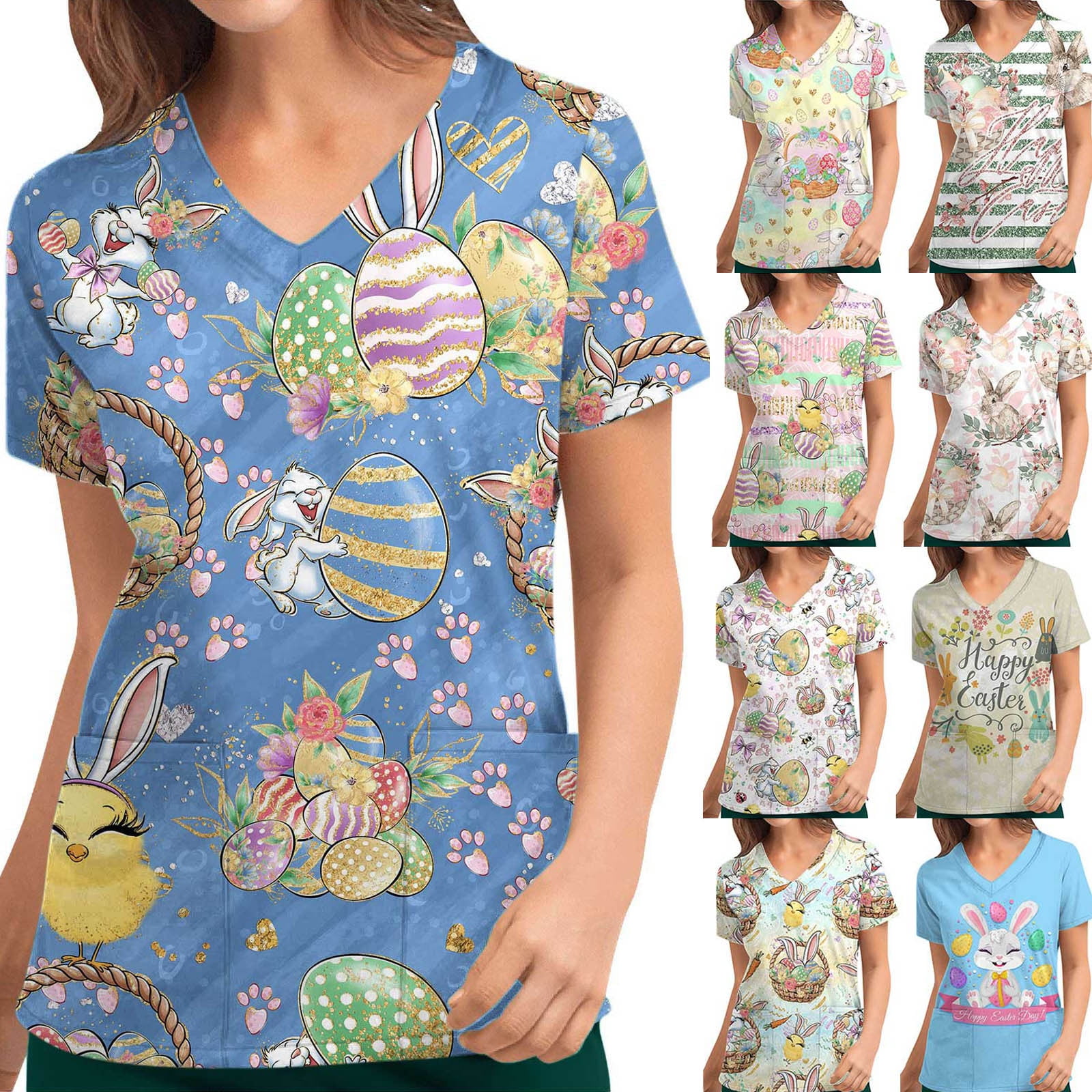 QATAINLAV Easter Scrubs for Women Bunny Egg Hunt Print Medical Scrub ...