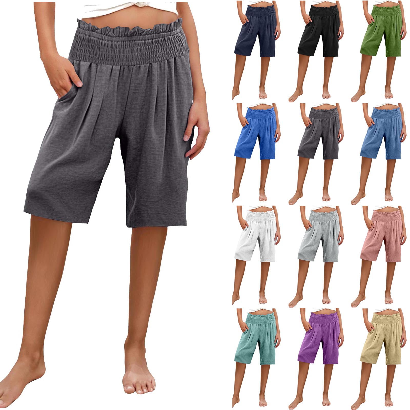 QATAINLAV Elastic Smock Waist Shorts for Women 2025 Summer Linen ...