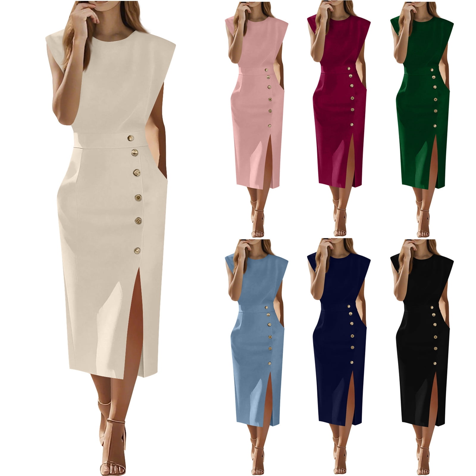 QATAINLAV Elegant Office Cocktail Dress for Women Casual Crew Neck ...