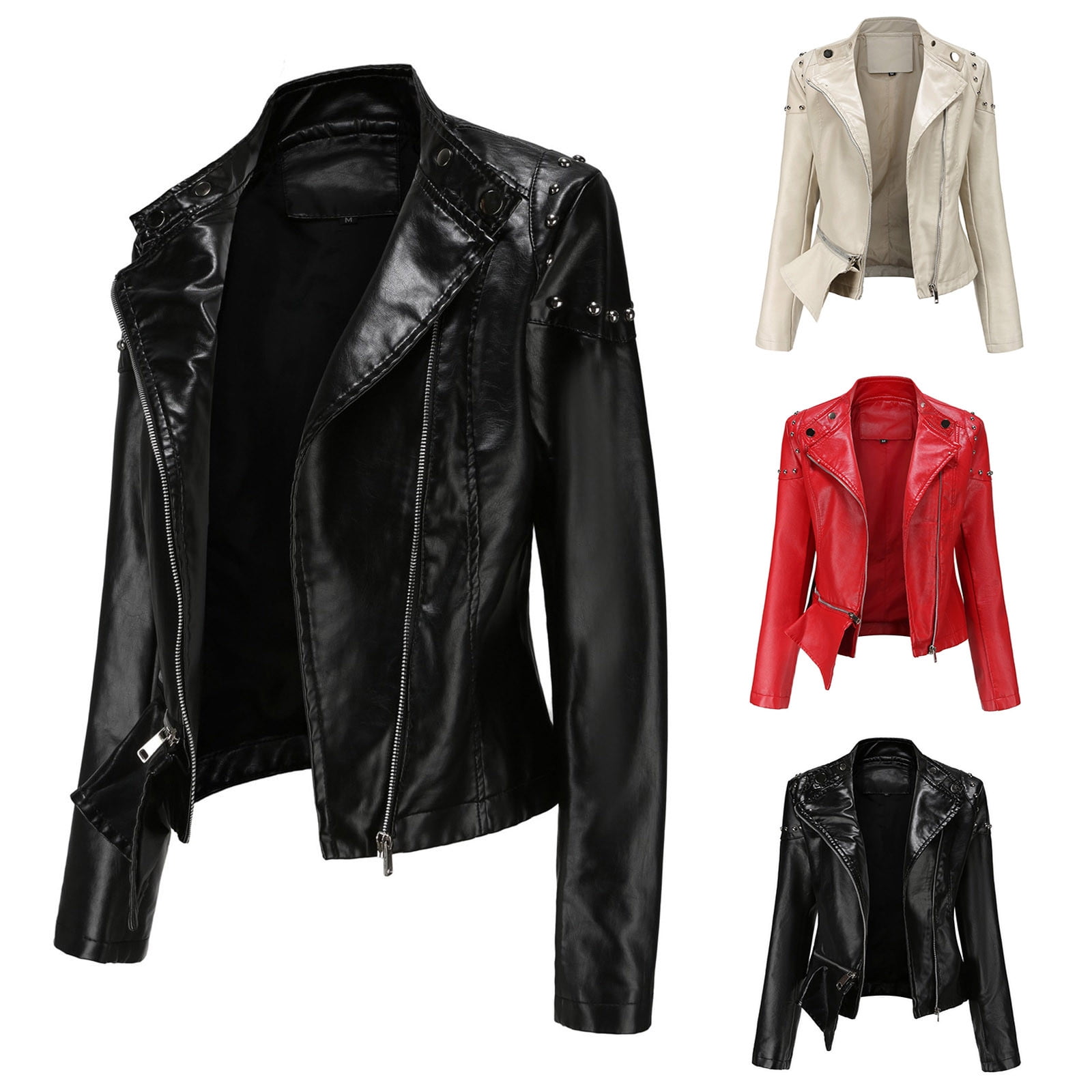 QATAINLAV Faux Leather Jacket for Women Notched Lapel Cropped Bomber ...