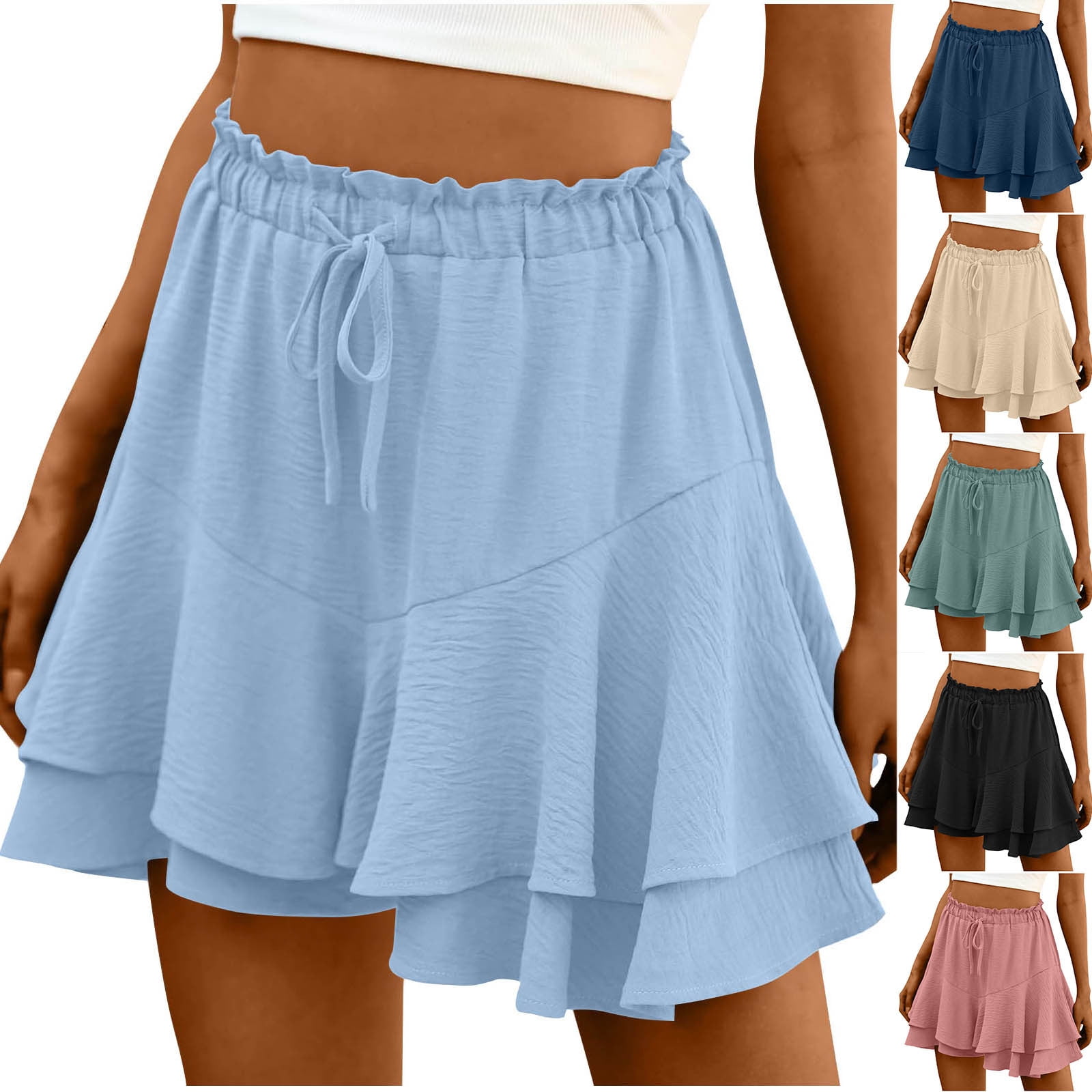 QATAINLAV Flowy Ruffle Mini Skirts for Women Casual Tie Front High ...