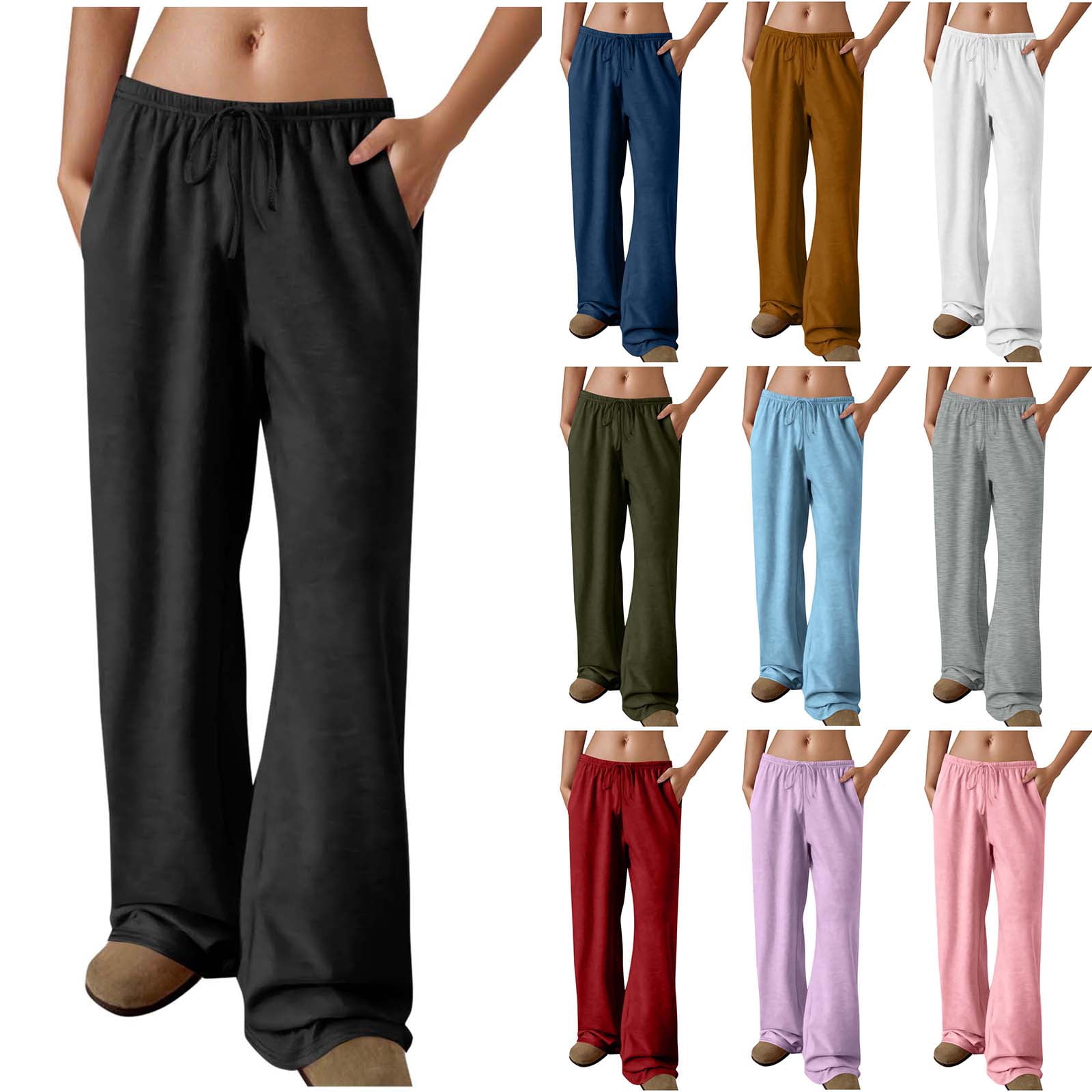 QATAINLAV Flowy Wide Leg Pants for Women Casual Drawstring Low Rise ...
