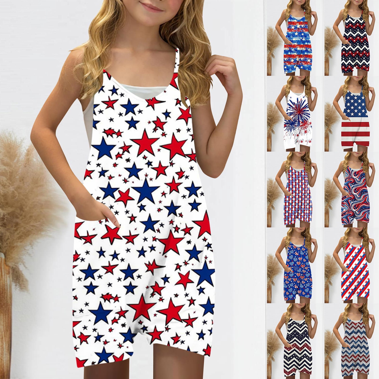 QATAINLAV Girls 4th of July Outfits Summer Sleeveless Strap Romper Kids ...