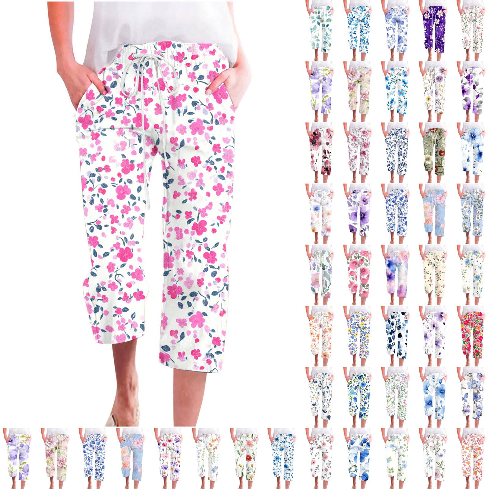 QATAINLAV Hawaiian Capri Pants for Women Elastic High Waist Drawstring ...