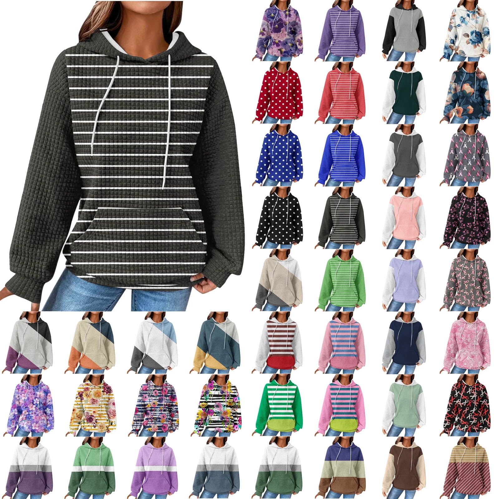 QATAINLAV Hooded Sweatshirts for Women with Pocket Casual Waffle Knit ...