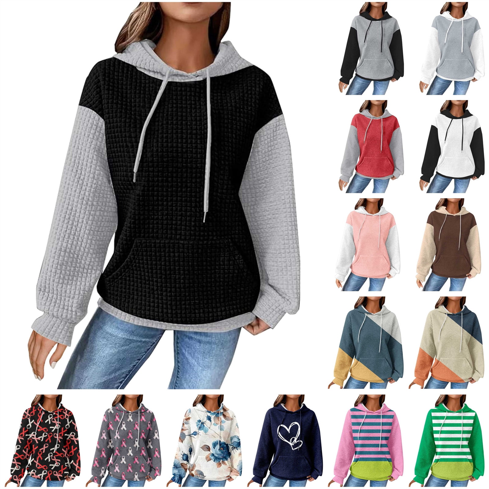 QATAINLAV Hooded Sweatshirts for Women with Pocket Casual Waffle Knit ...