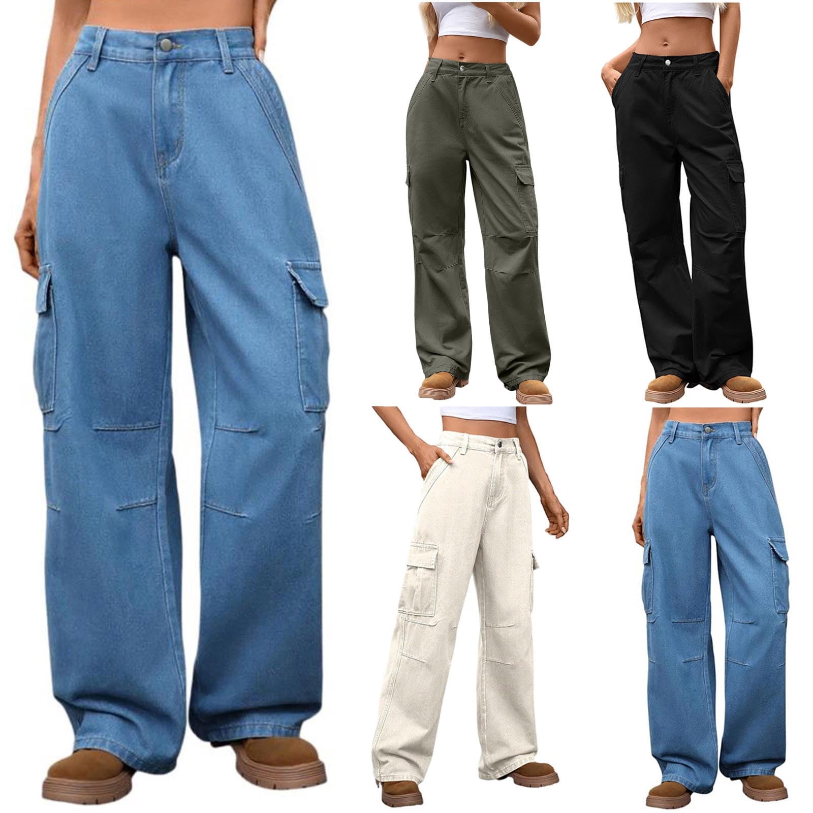 QATAINLAV Khaki Womens Cargo Jeans Baggy High Waist Straight Leg Denim ...