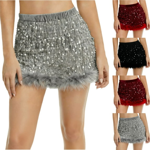 QATAINLAV Kids Sequin Skirt Faux Fur Trim Shiny Glitter Mesh Skirts ...