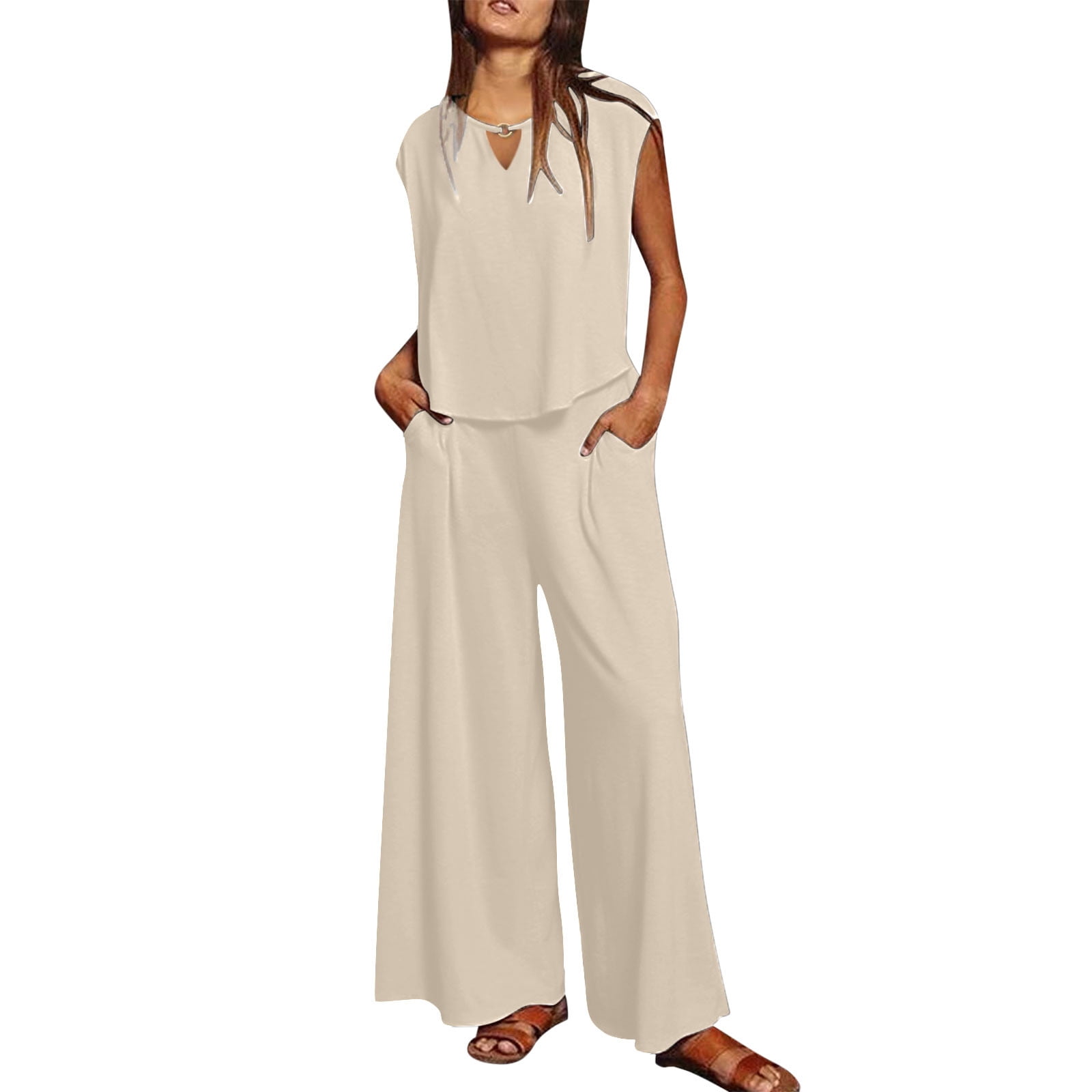 Qatainlav Linen 2 Piece Sets For Women Summer Crop Tops Matching Wide