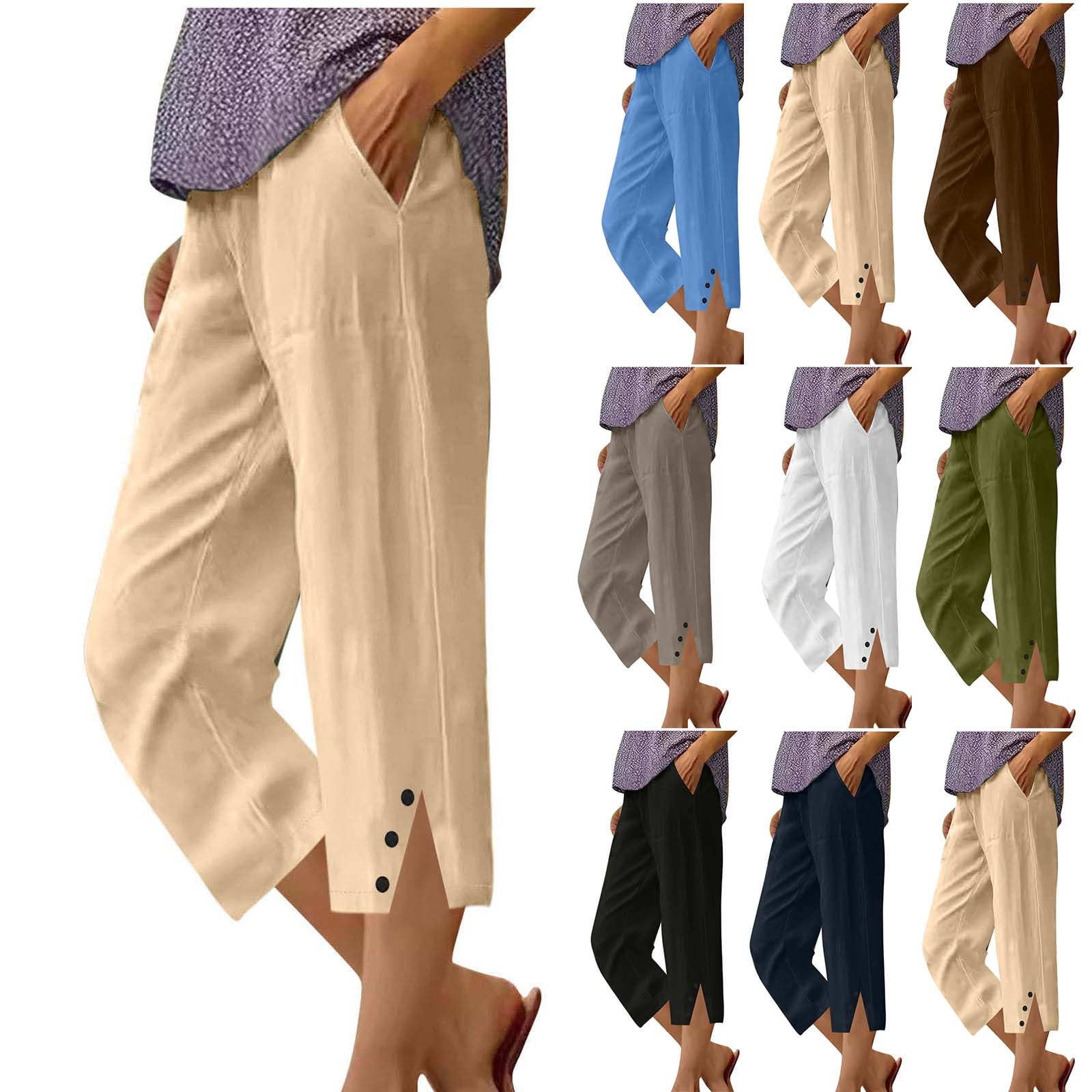 QATAINLAV Linen Capri Pants for Women Summer High Waist Straight Leg ...
