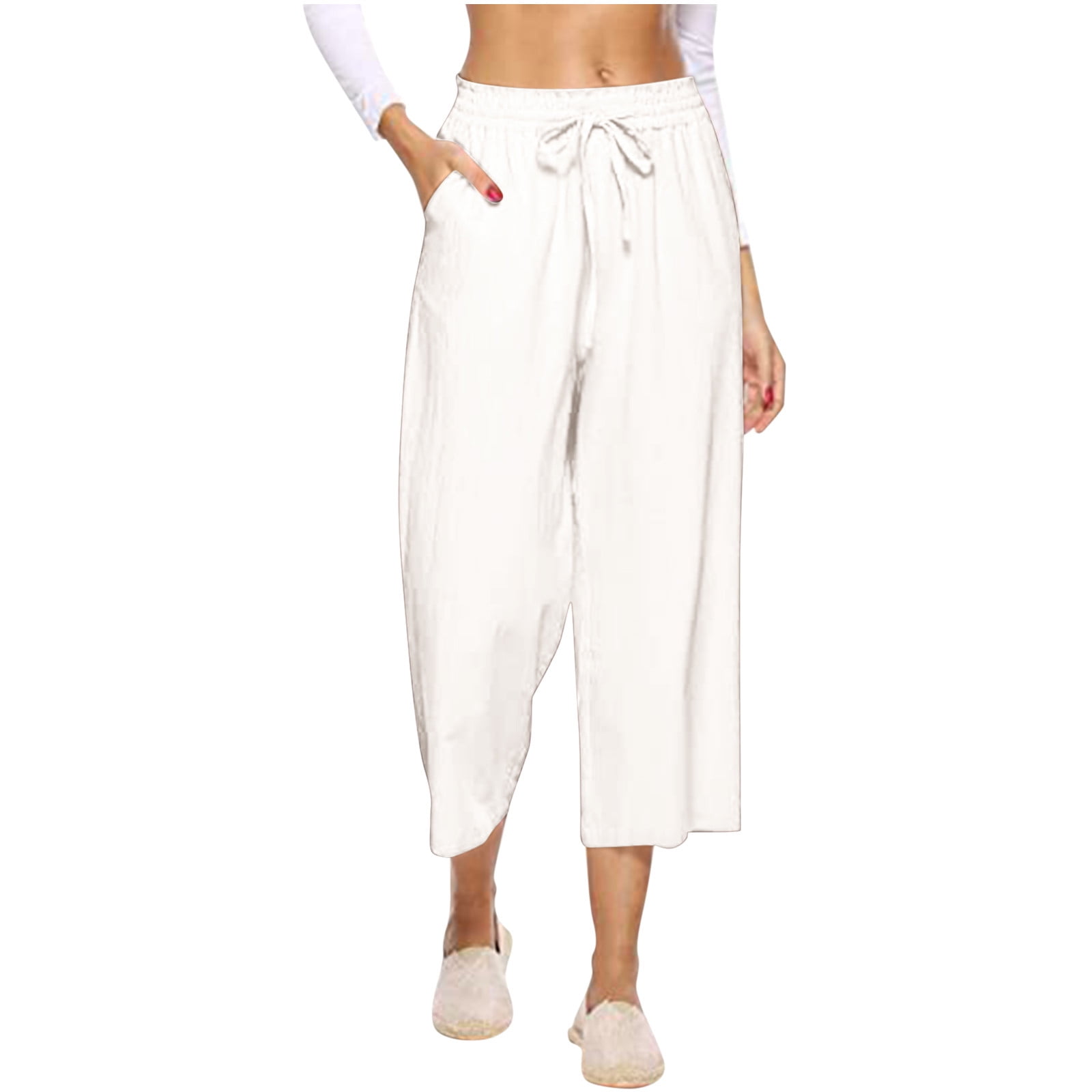 Qatainlav Linen Capris Pants For Women Drawstring High Waisted Dress