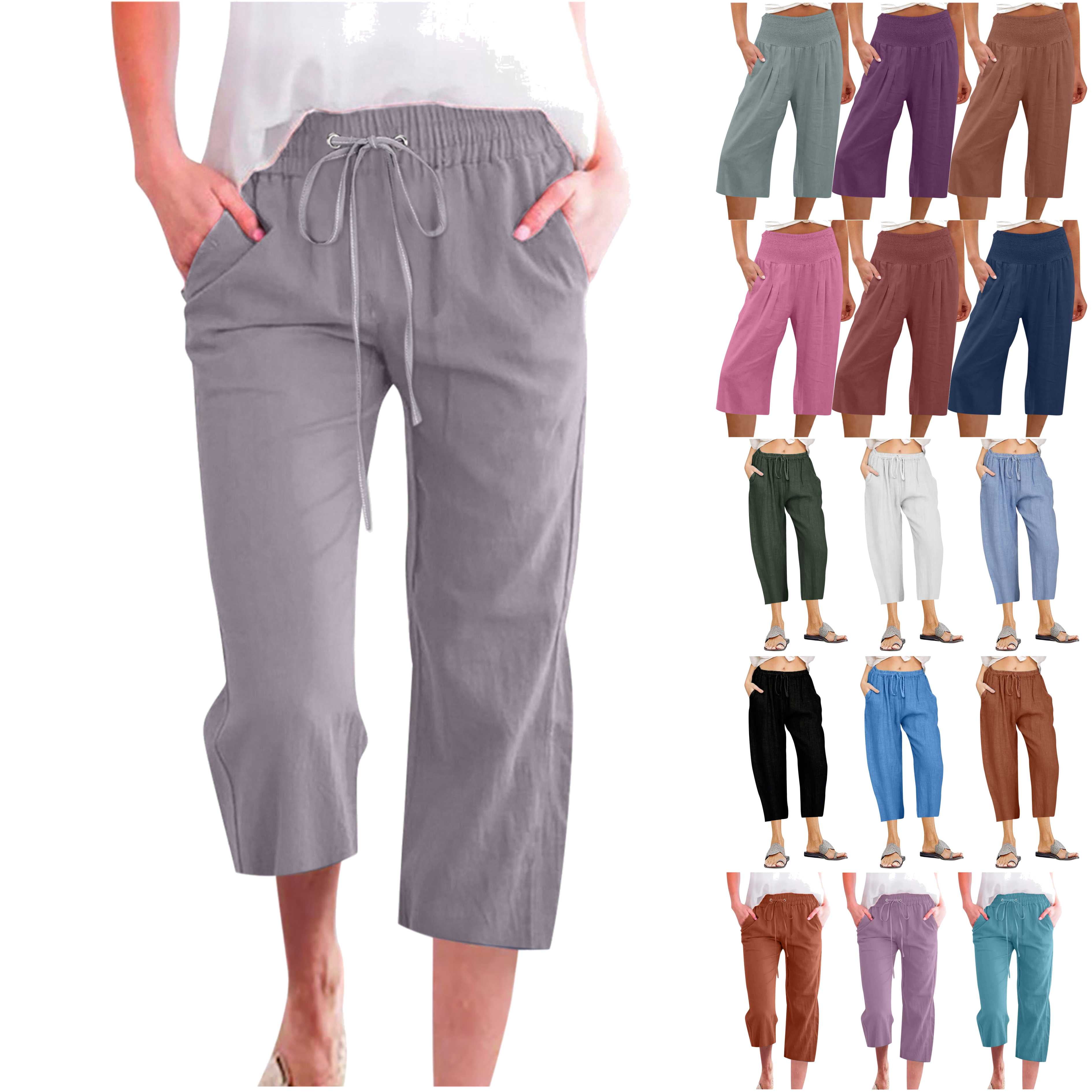 QATAINLAV Linen Capris Pants for Women Wide Leg Loose Cropped Trousers ...
