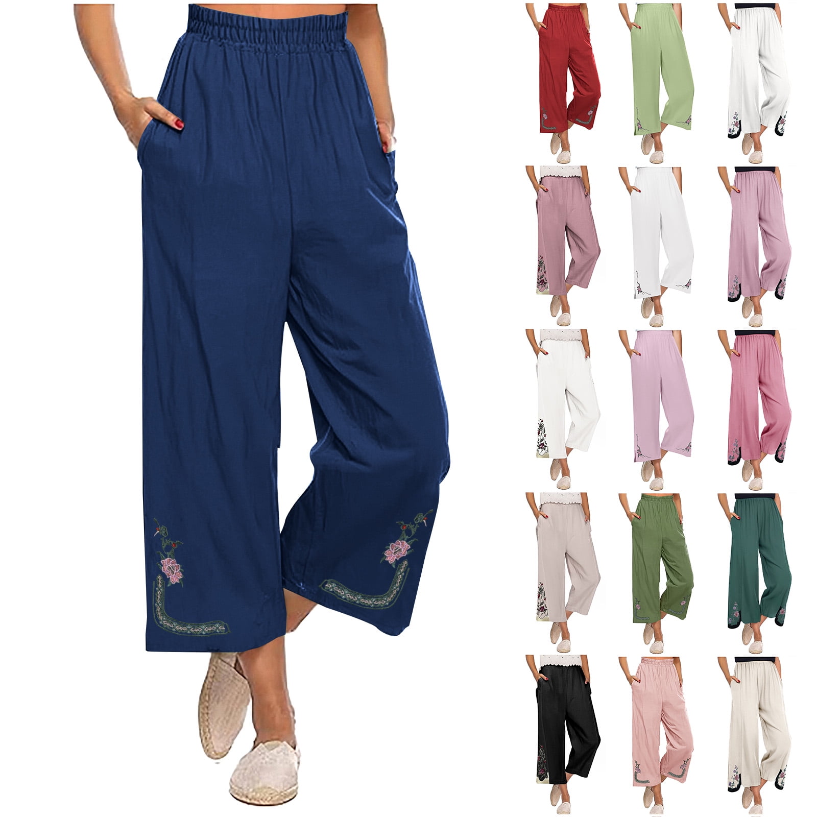 QATAINLAV Linen Capris for Women Baggy Wide Leg Cropped Trousers with ...