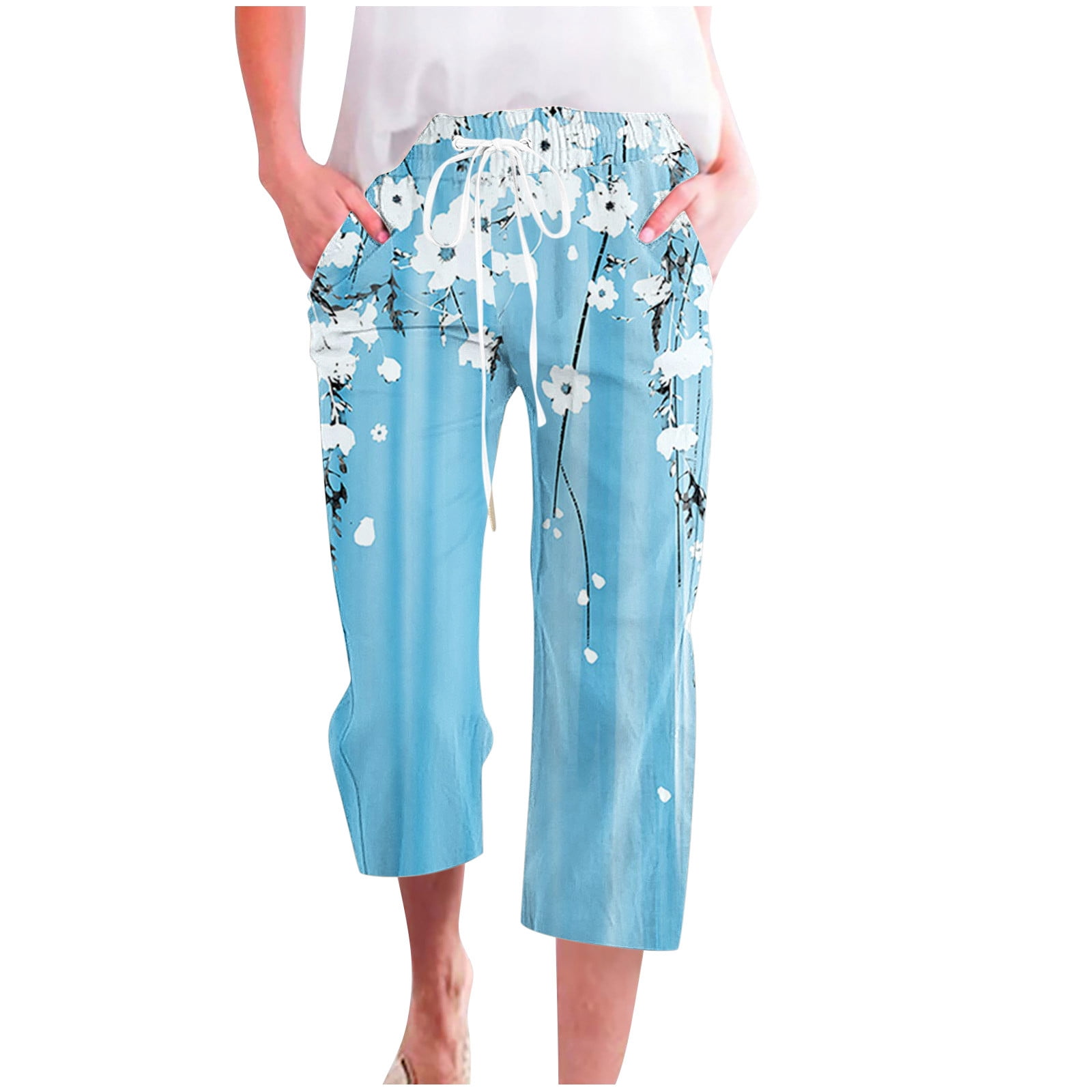 Qatainlav Linen Capris For Women Floral Print Capri Pants Womens Loose