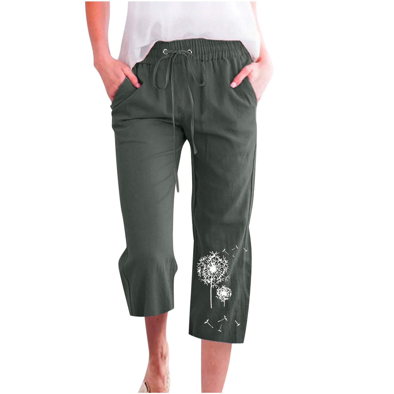 Qatainlav Linen Capris For Women Plus Size Cropped Trousers Loose Fit