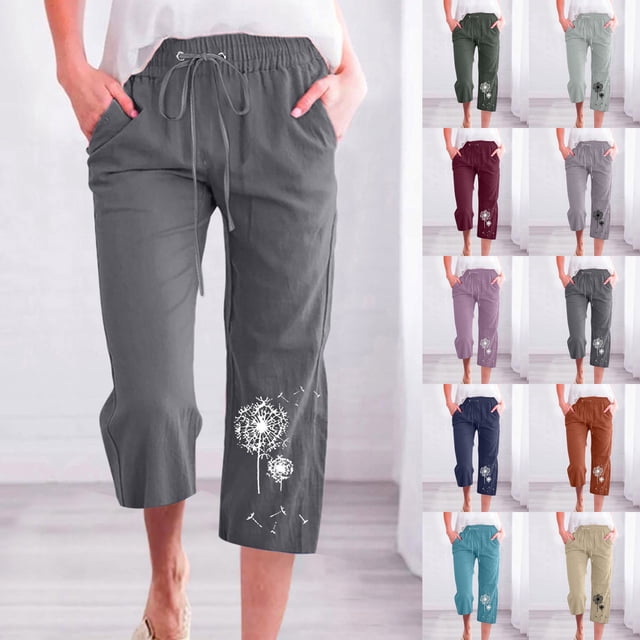 QATAINLAV Linen Capris for Women Plus Size Cropped Trousers Loose Fit ...