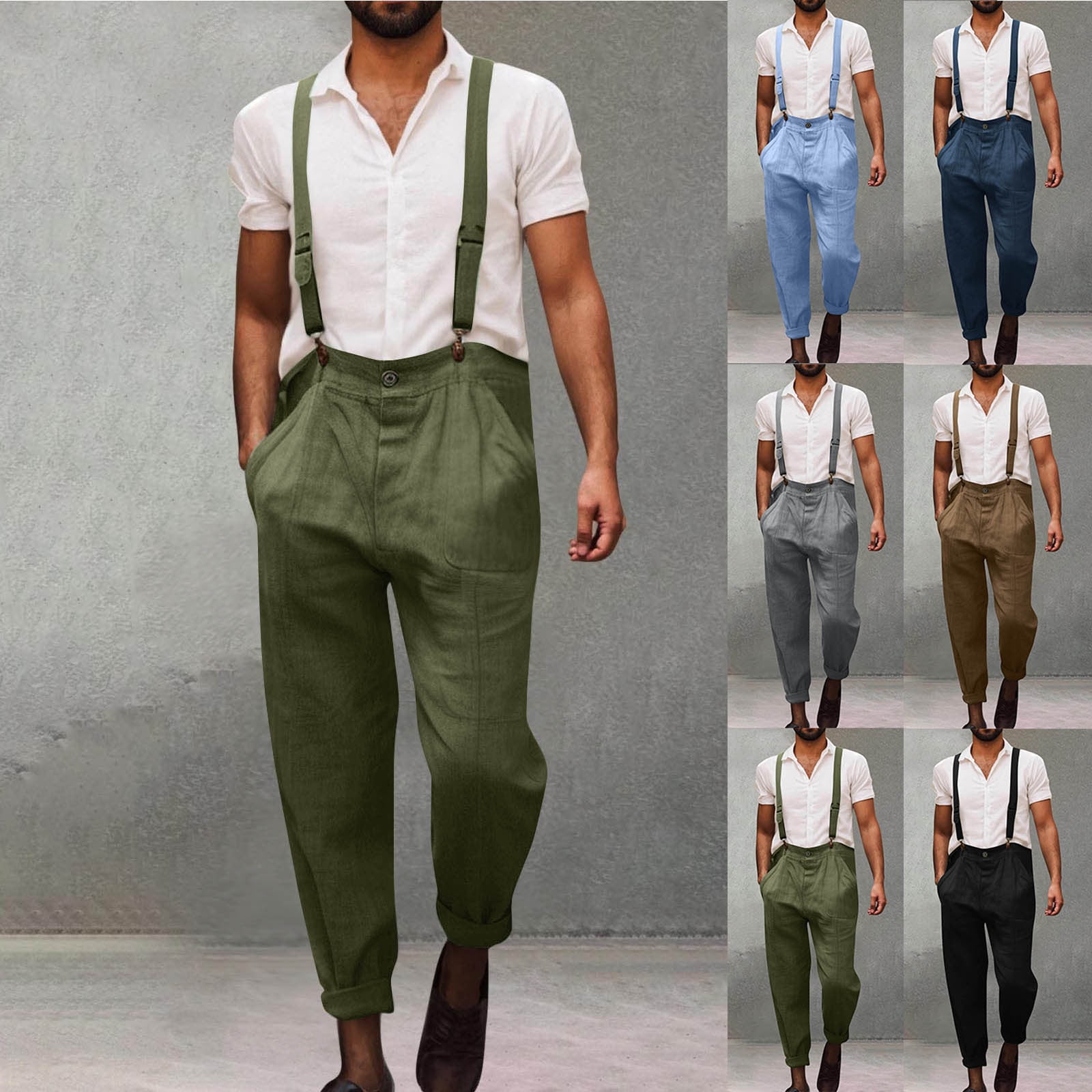 QATAINLAV Linen Cargo Jumpsuits for Men Bib Overalls Workwear Vintage ...