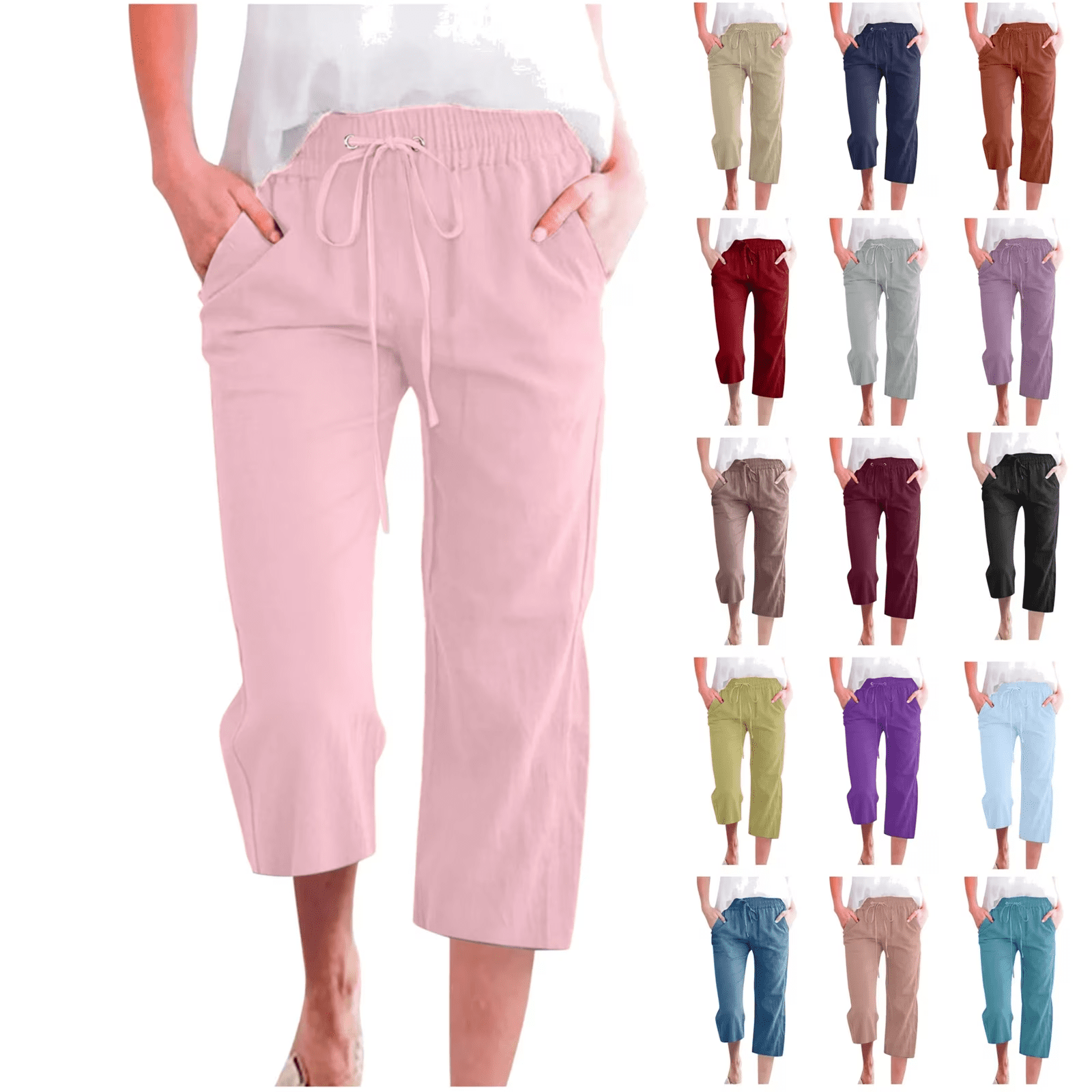 QATAINLAV Linen Capri Pants for Women, Wide Leg, Cropped Drawstring ...