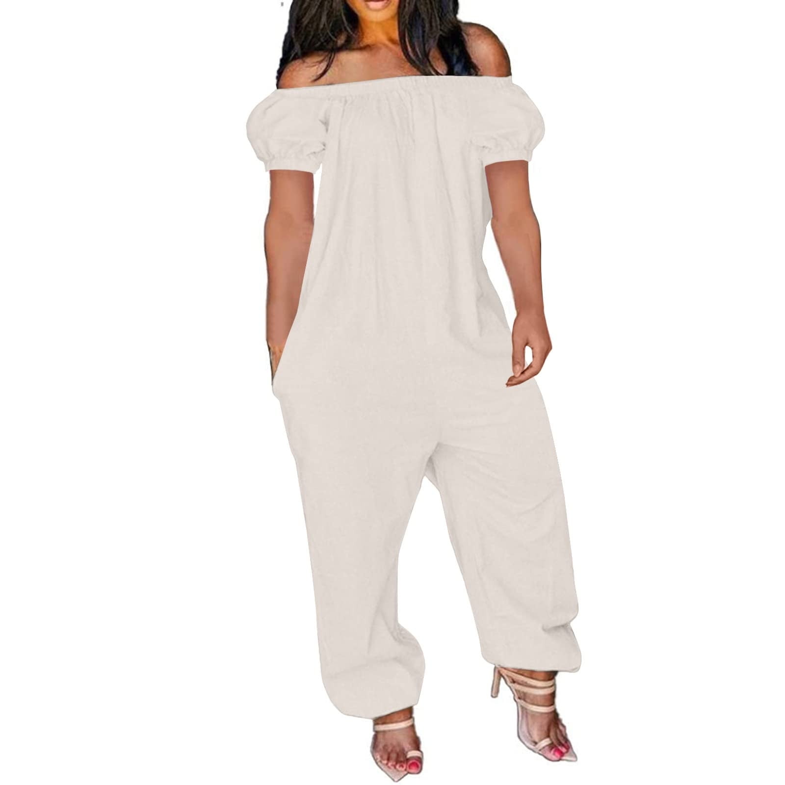 QATAINLAV Linen Jumpsuits for Women Loose Fit Off Shoulder Rompers ...